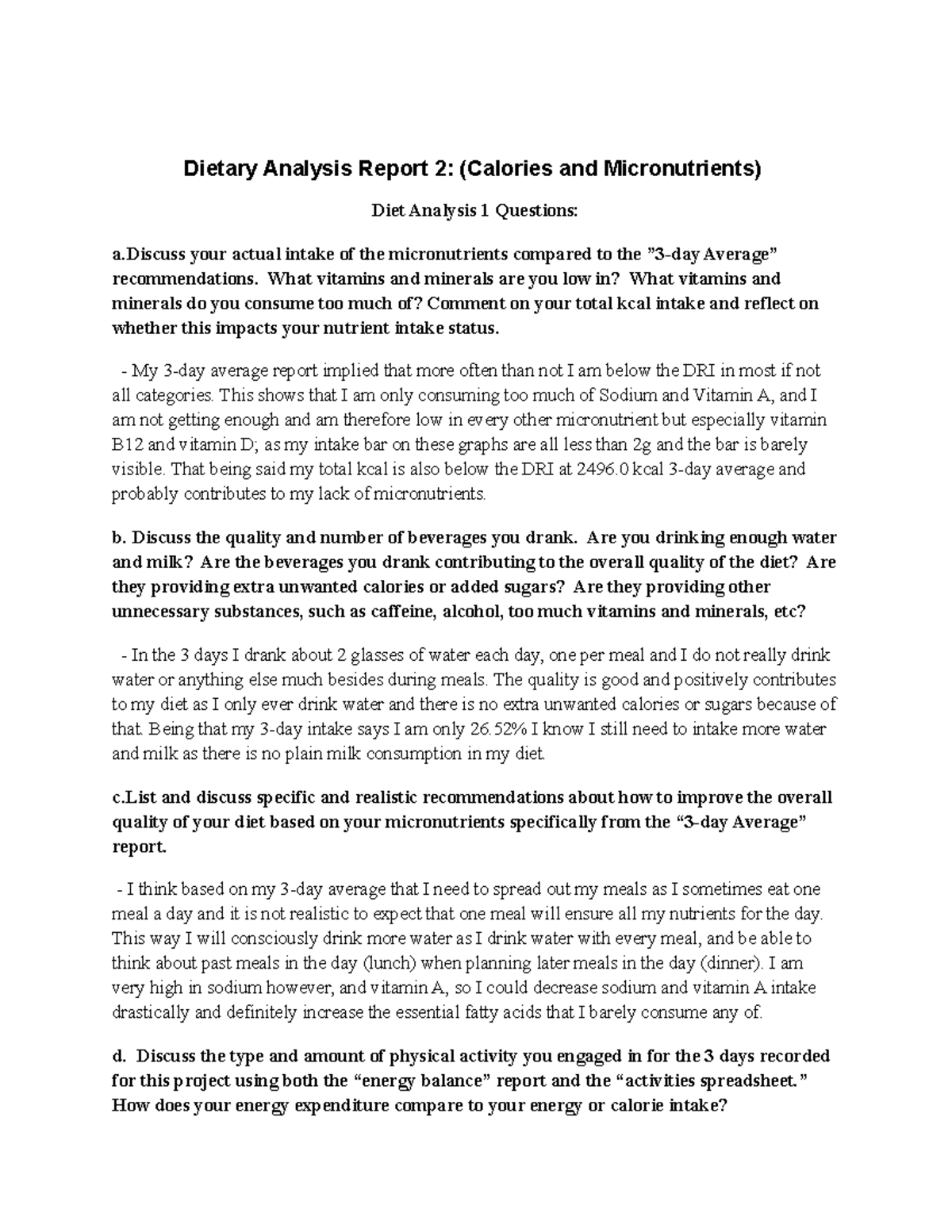 Report 2 - NHM Diet And Wellness - Dietary Analysis Report 2: (Calories ...