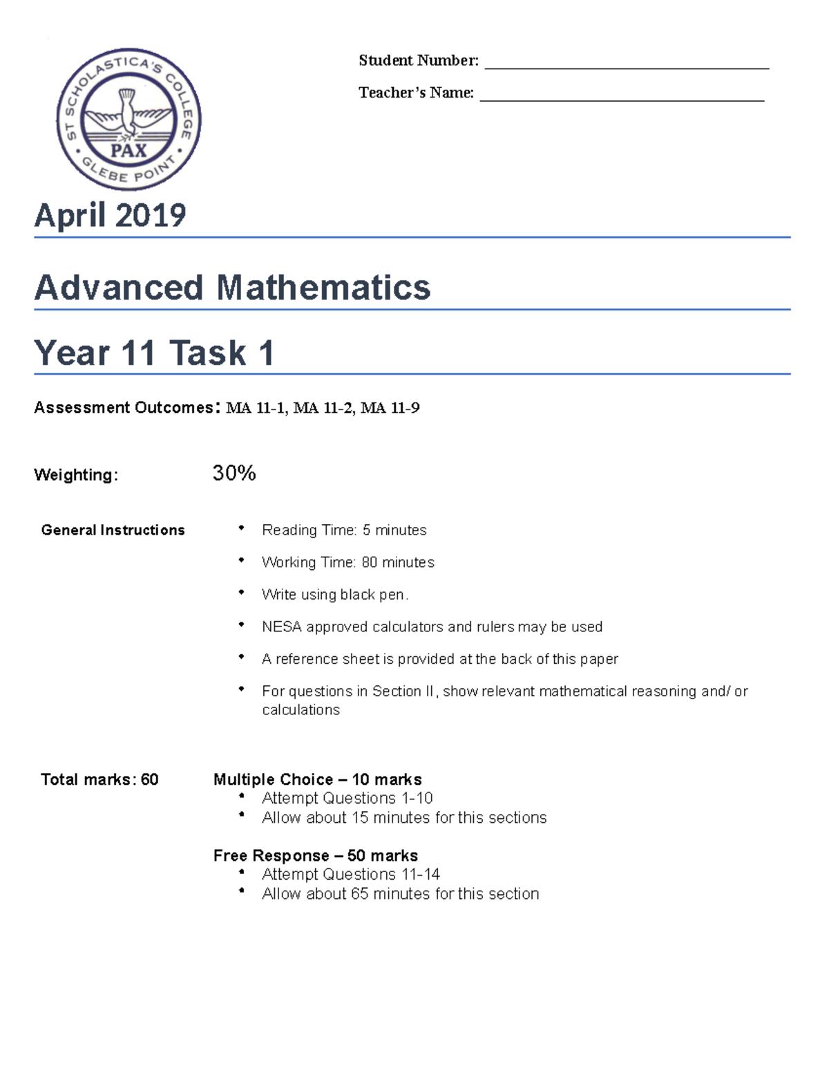 2019 Preliminary Mathematics Advanced Task 1-1 - April 2019 Advanced ...