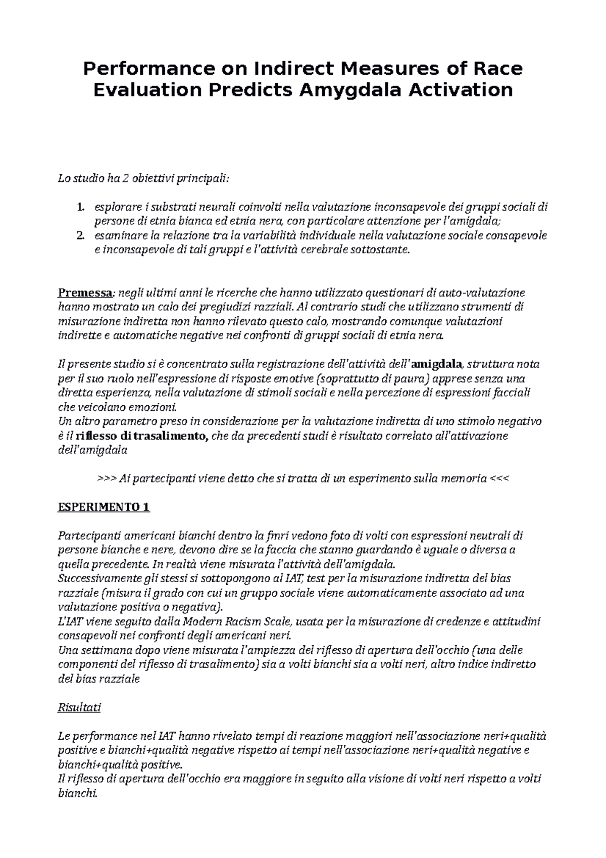 Riassunto articolo "Performance on Indirect Measures of Race Evaluation ...