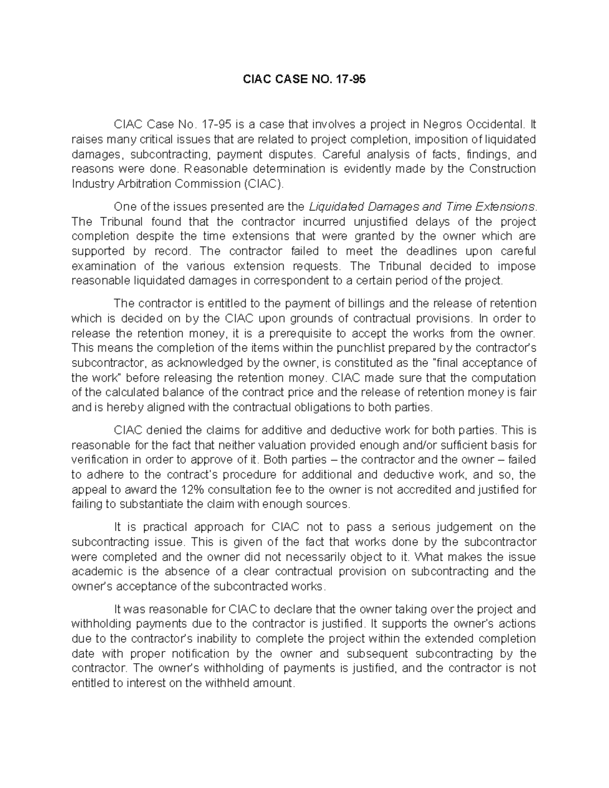 CIAC CASE NO17-95 - CIAC CASE NO. 17- CIAC Case No. 17-95 is a case that involves a project in ...