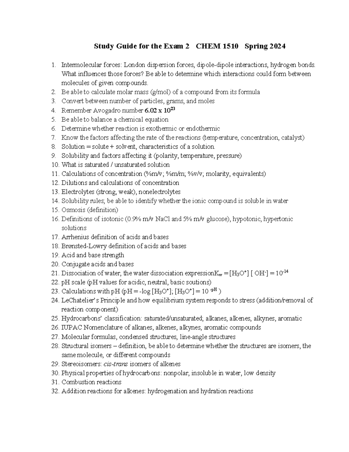 CHEM 1510-Exam 2 Study guide S24 - Study Guide for the Exam 2 CHEM 1510 ...