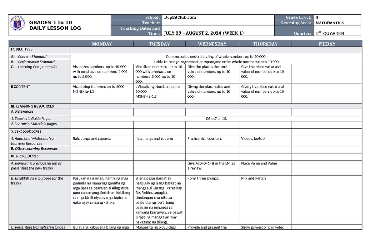 DLL MATH 3 Q1 W1 - DLL for MATH 3 - GRADES 1 to 10 DAILY LESSON LOG ...