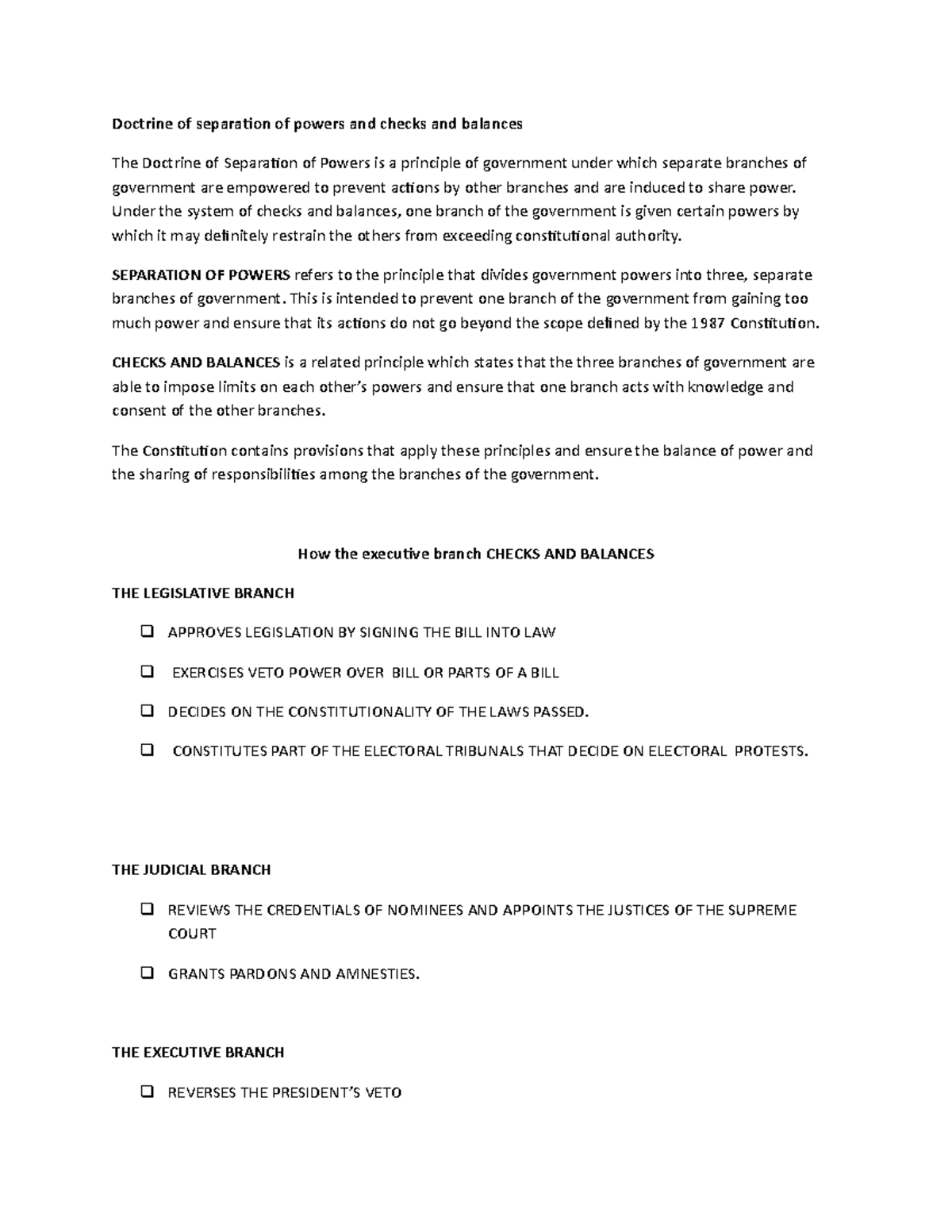 How the Executive Branch Checks AND Balances - Doctrine of separation ...