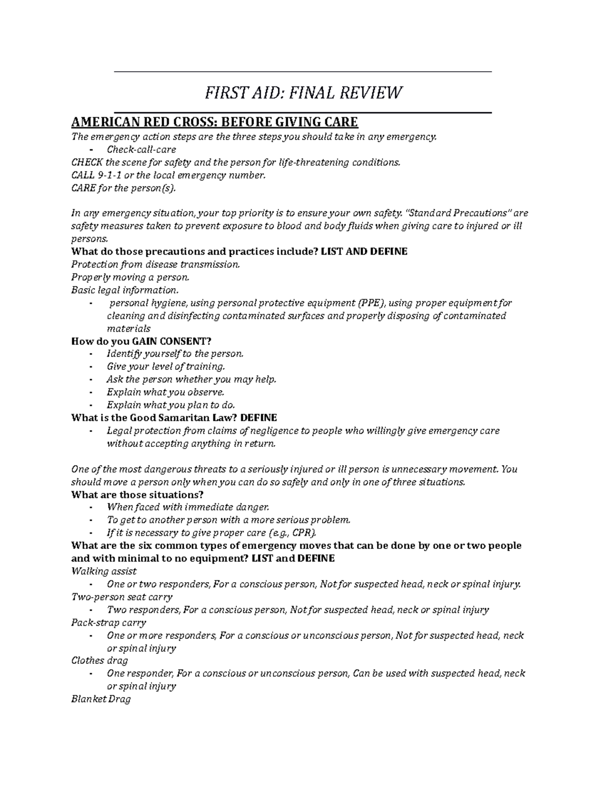 First AID Finalreview - notes - FIRST AID: FINAL REVIEW AMERICAN RED ...
