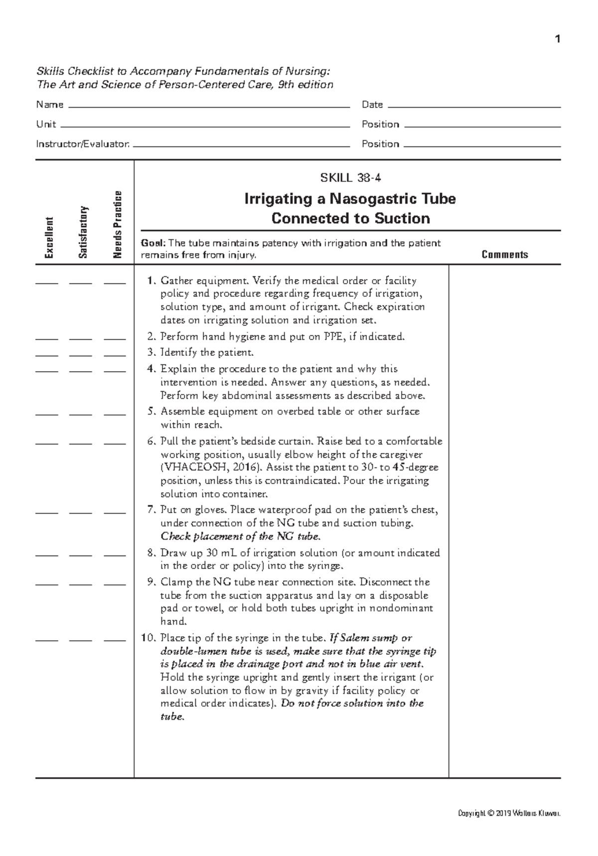 Irrigating NG thats connected to suction - 1 Skills Checklist to ...
