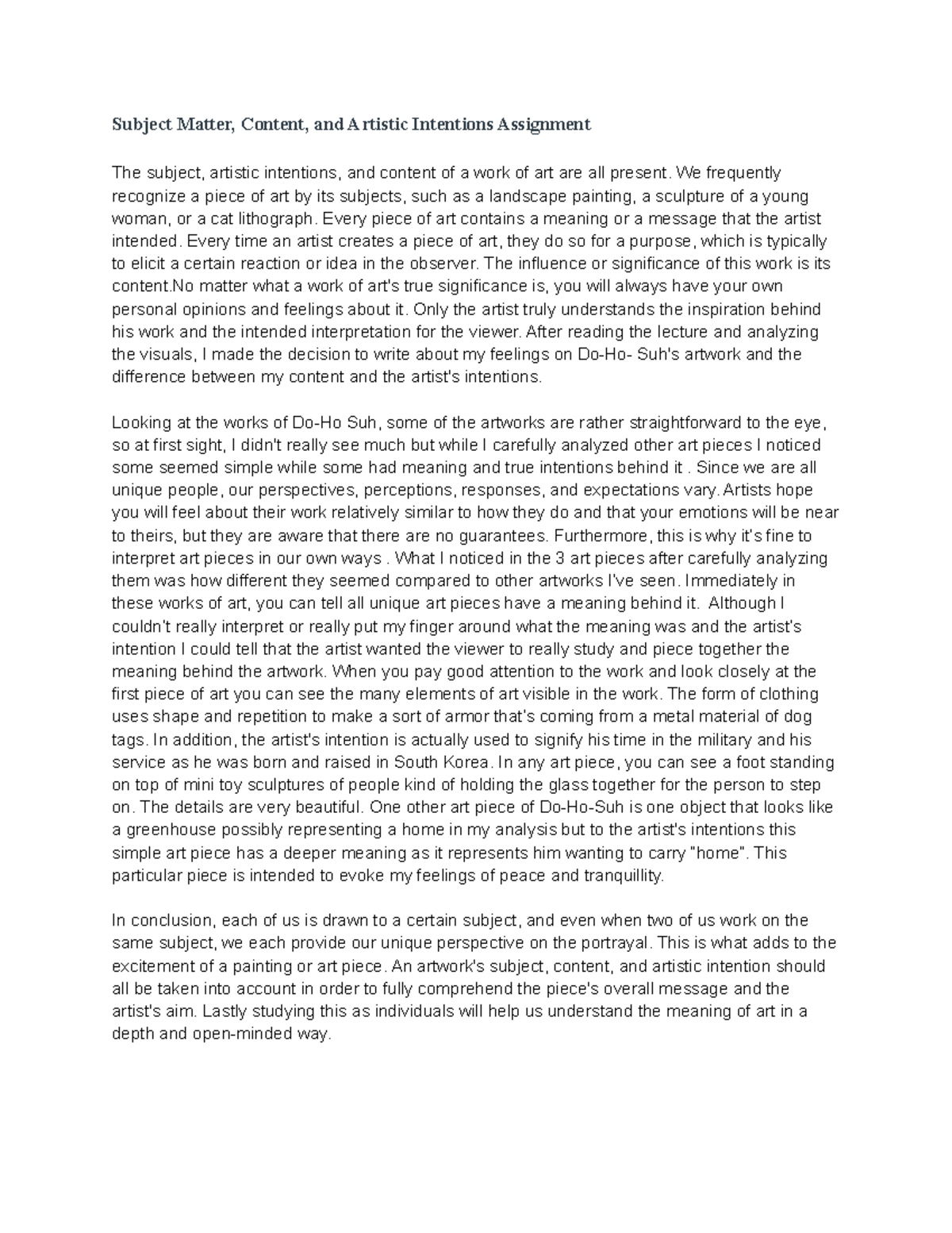 Subject Matter, Content, and Artistic Intentions Assignment - We ...