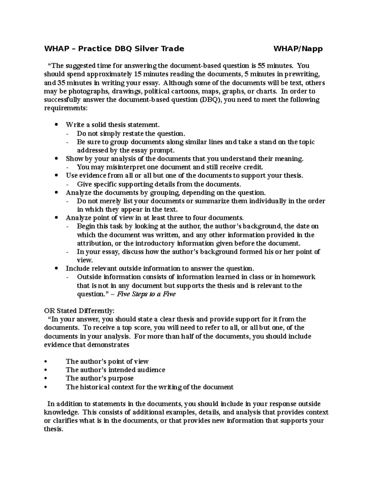 DBQ Silver Trade 2006 C4 Revision - WHAP – Practice DBQ Silver Trade ...