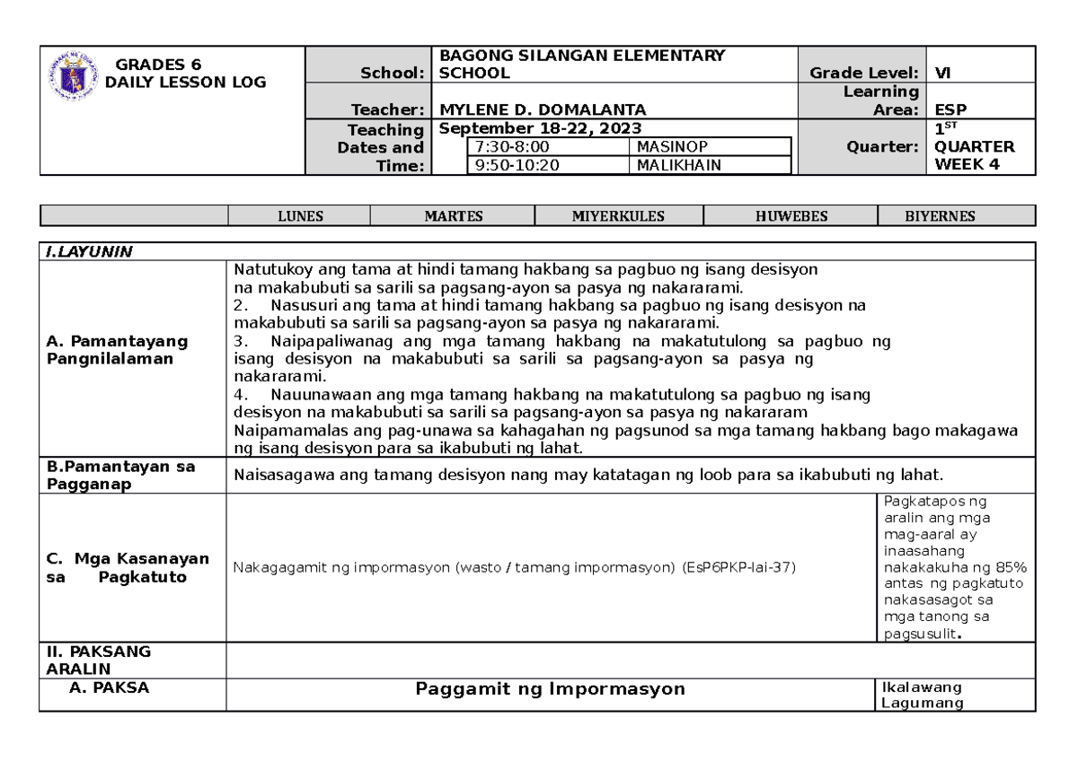 DLL ESP6 Q1 W4 - lesson plan - GRADES 6 DAILY LESSON LOG School: BAGONG ...
