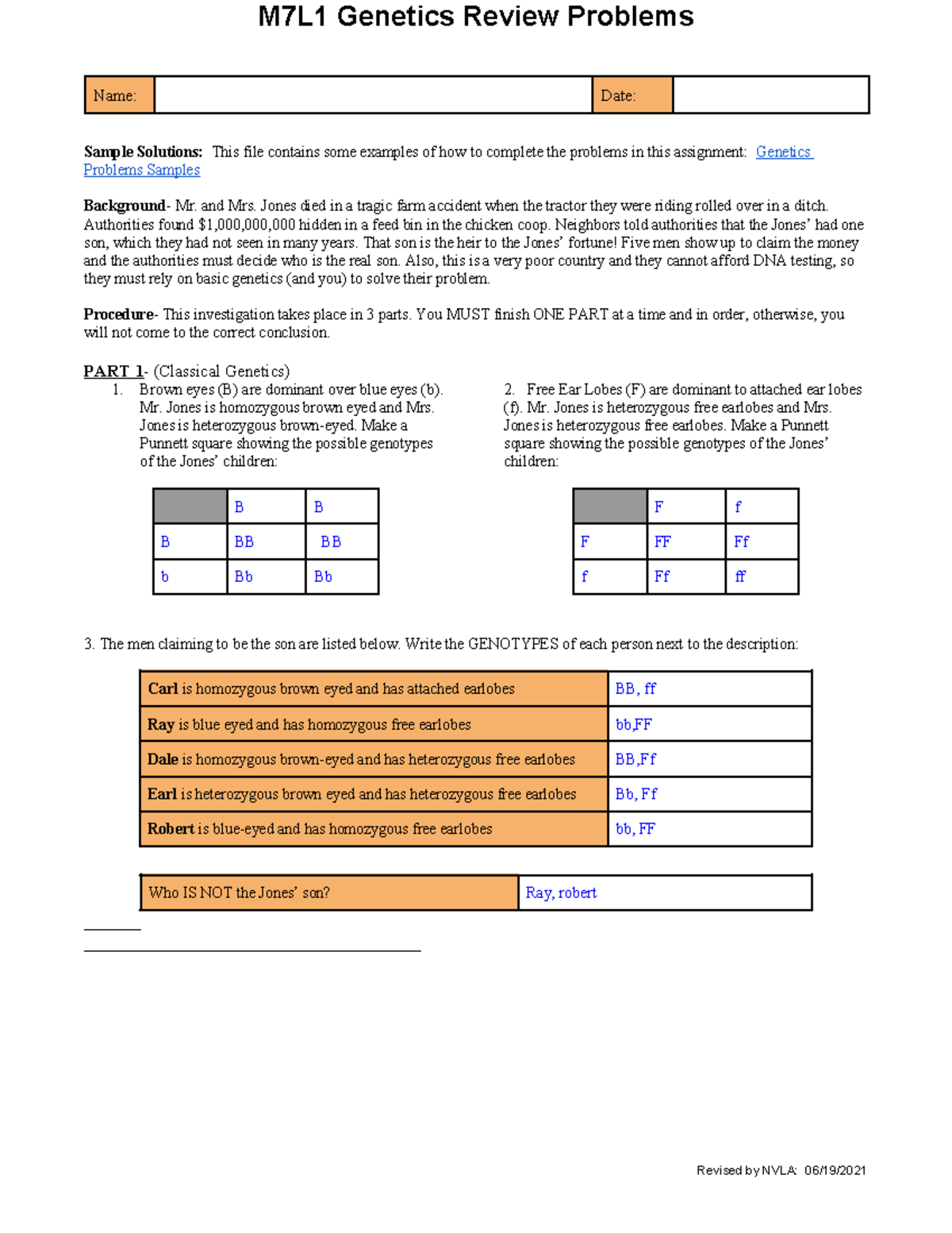 Copy of M7L1 Genetics Review - Bio - Name: Date: Sample Solutions: This ...