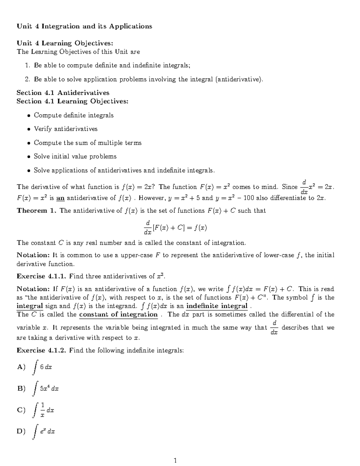 Section 4 1 1190 - Unit 4 Integration and its Applications Unit 4 ...