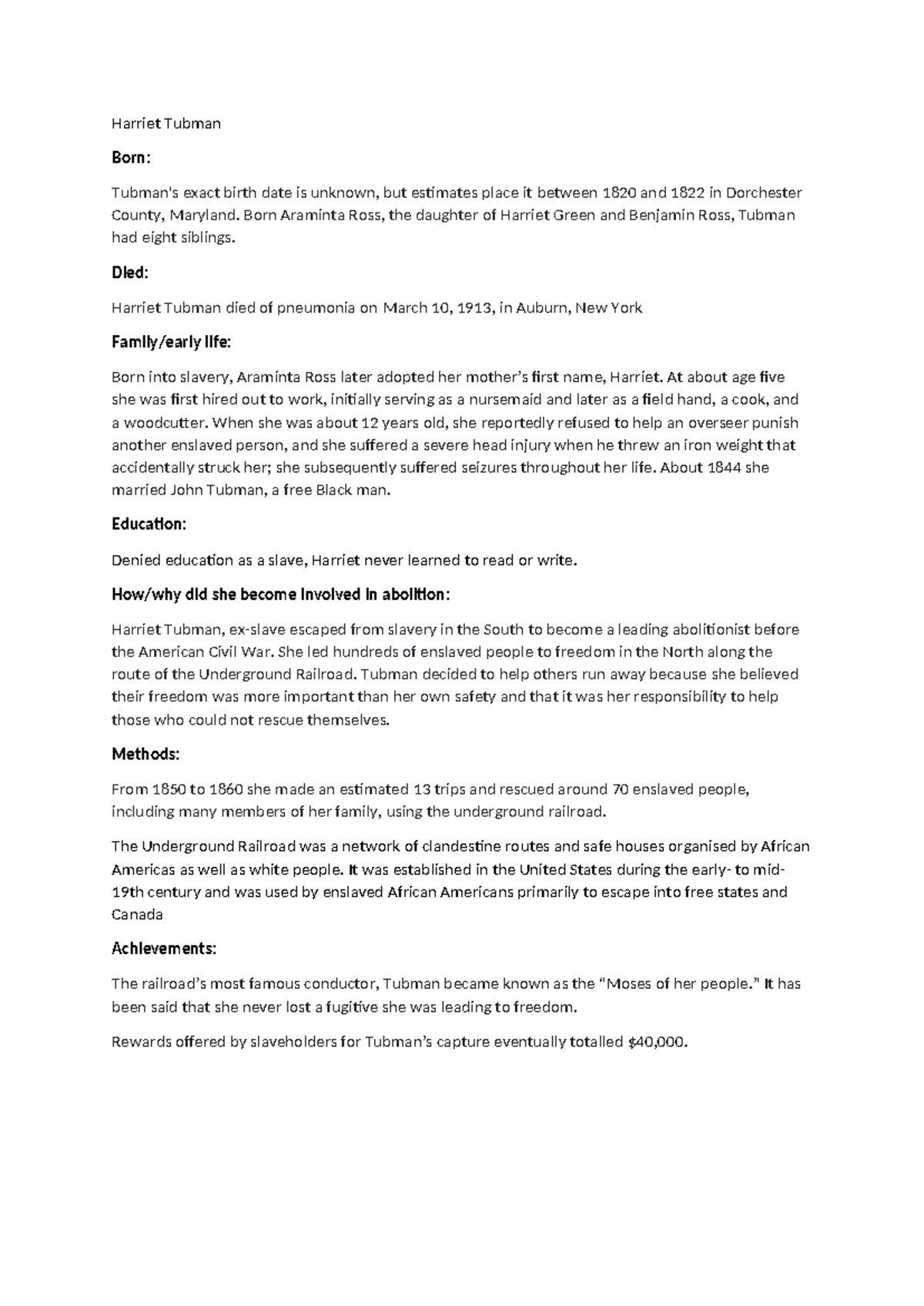 Harriet Tubman - Modern History character report - Harriet Tubman Born ...