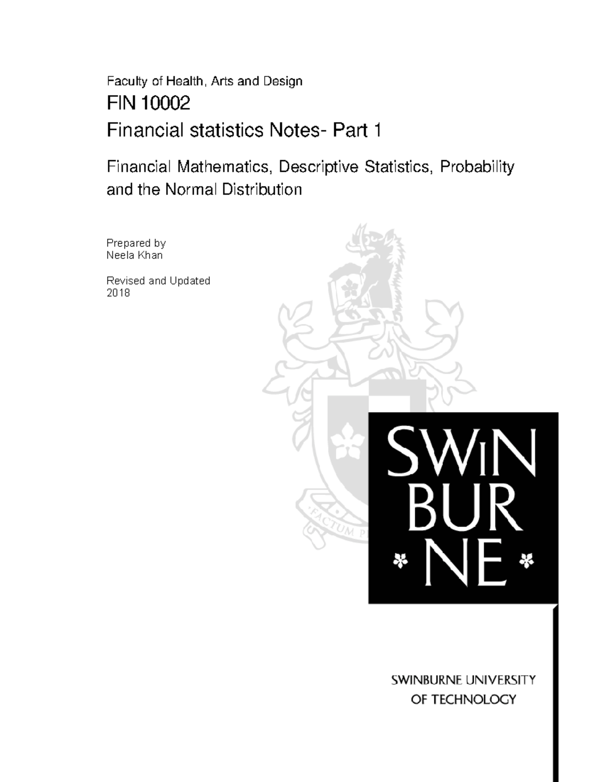 Part 1 (2018 ) - Faculty of Health, Arts and Design FIN 10002 Financial ...