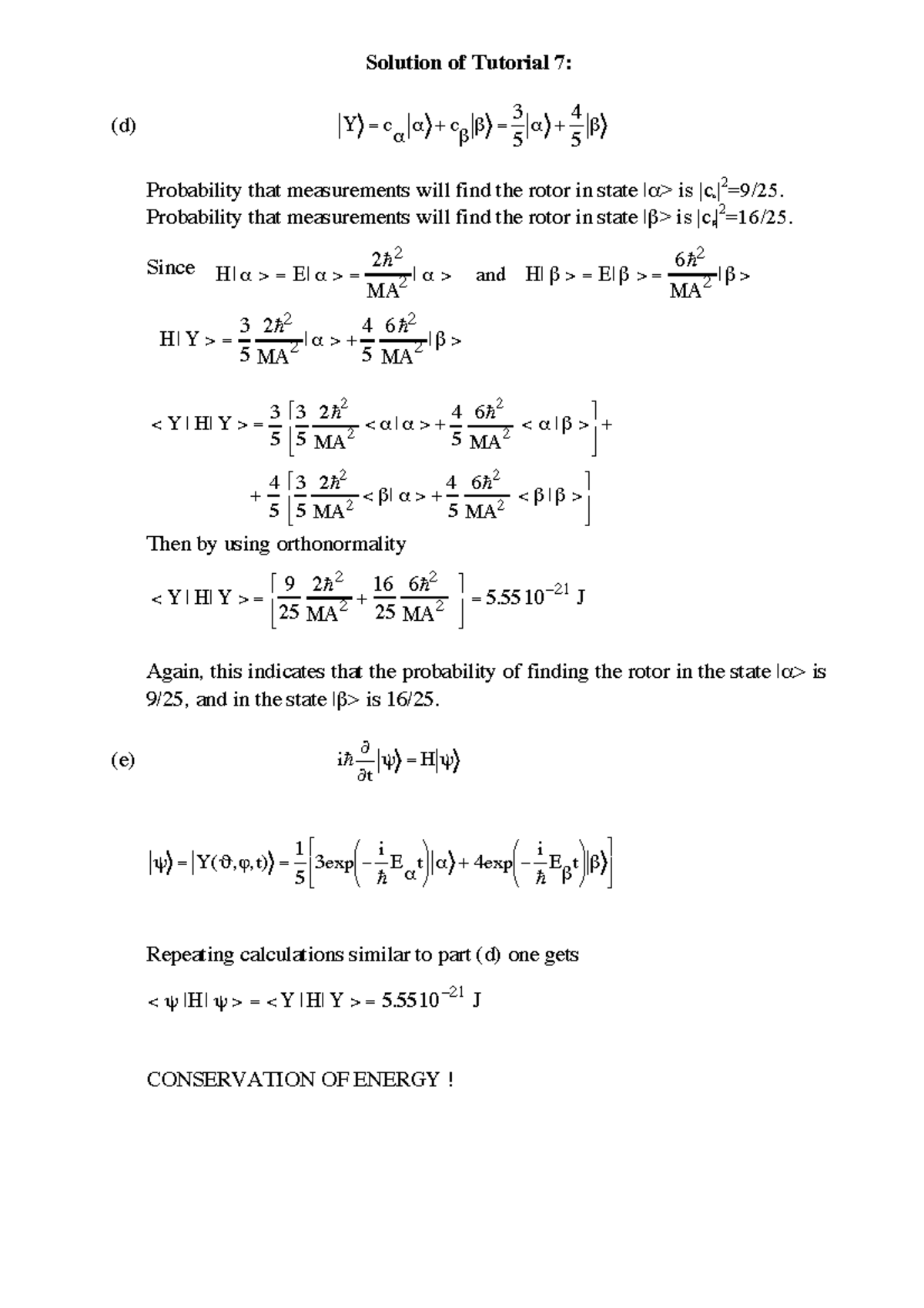 Quantum Physics Tutorial 7 - Solutions - Solution of Tutorial 7: (d) Y ...