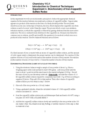 Lab Report #4 Iron-Copper (II) Sulfate - Experiment 4. Stoichiometry of ...