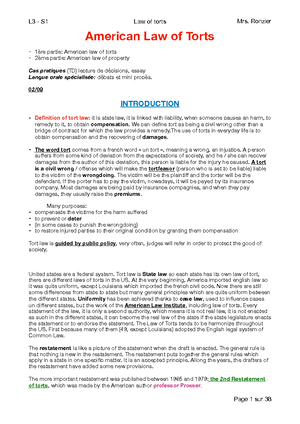 Outline - Tort Law – Division of Lessons 1. Introduction including PLAN ...