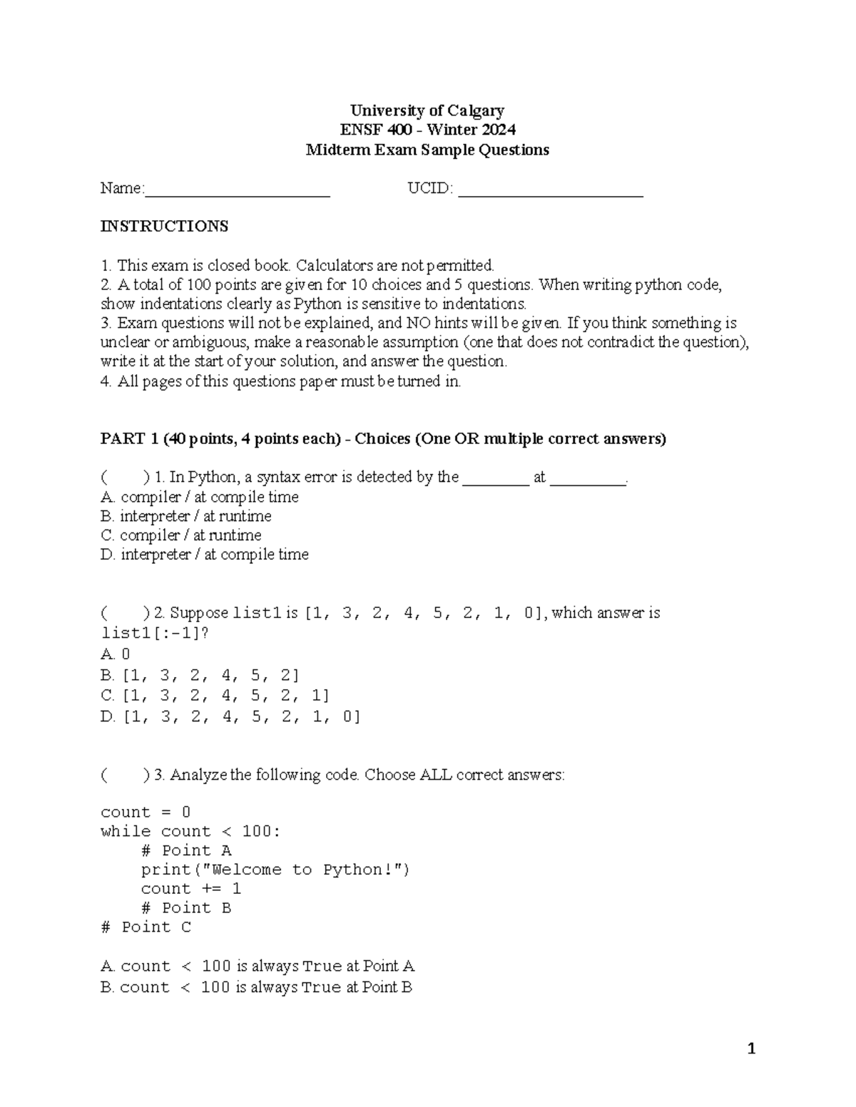 Ensf400 midterm w24 sample - University of Calgary ENSF 400 - Winter ...