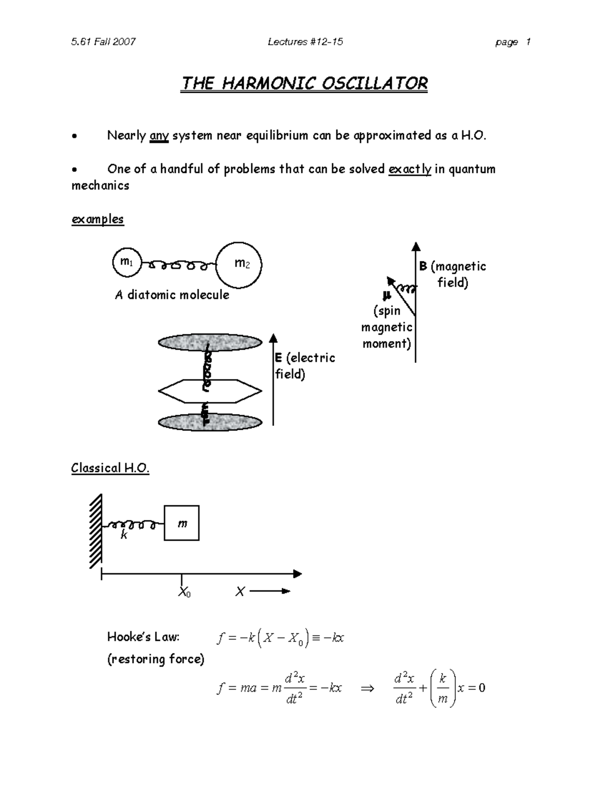 to15 THE Harmonic Oscillator - 5 Fall 2007 Lectures #12-15 page 1 THE HARMONIC OSCILLATOR ...