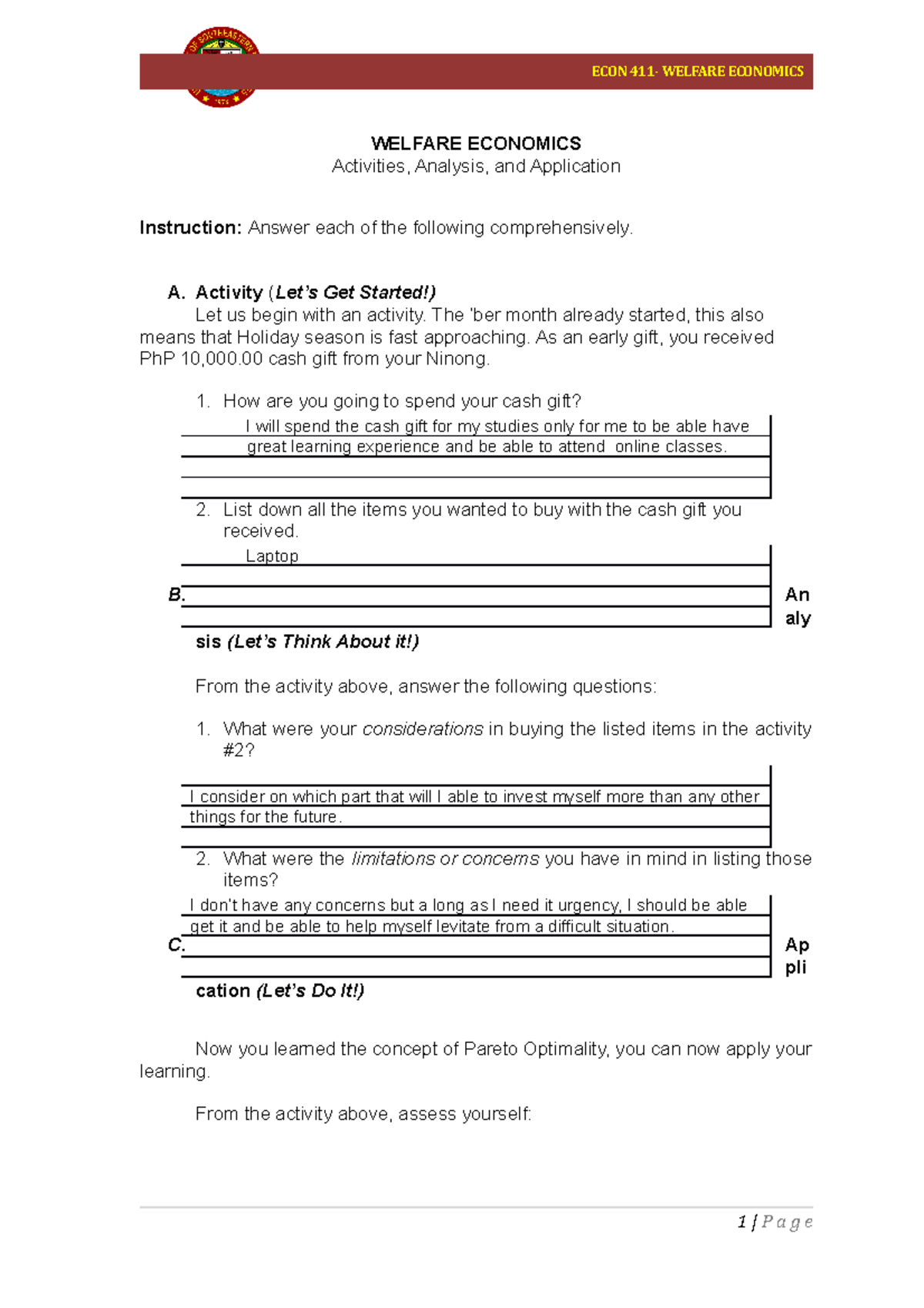M1 WE lesson 2 Activities Analysis Application - ECON 411- WELFARE ...
