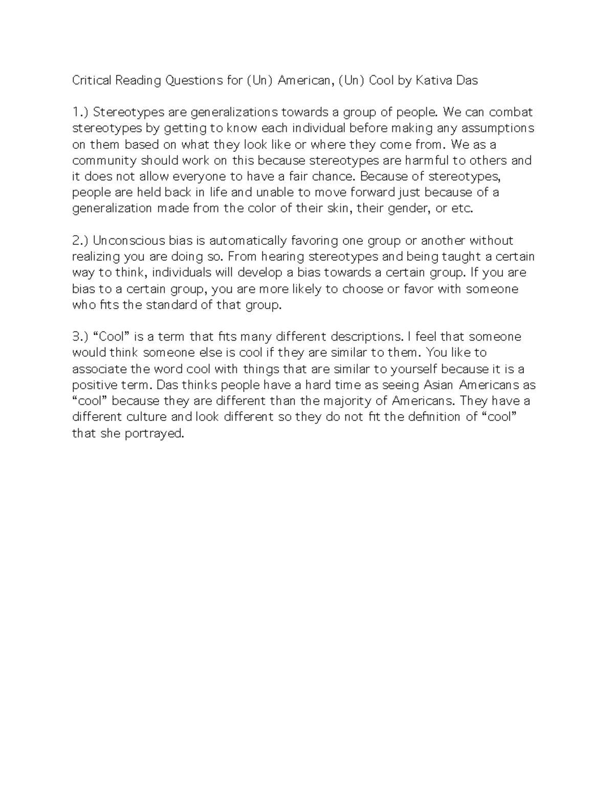 "(Un) American, (Un) Cool" Reading Questions - Critical Reading ...