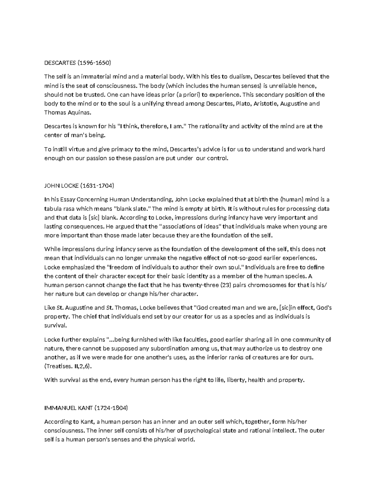 Understanding the Self PDF 1 - DESCARTES (1596-1650) The self is an ...