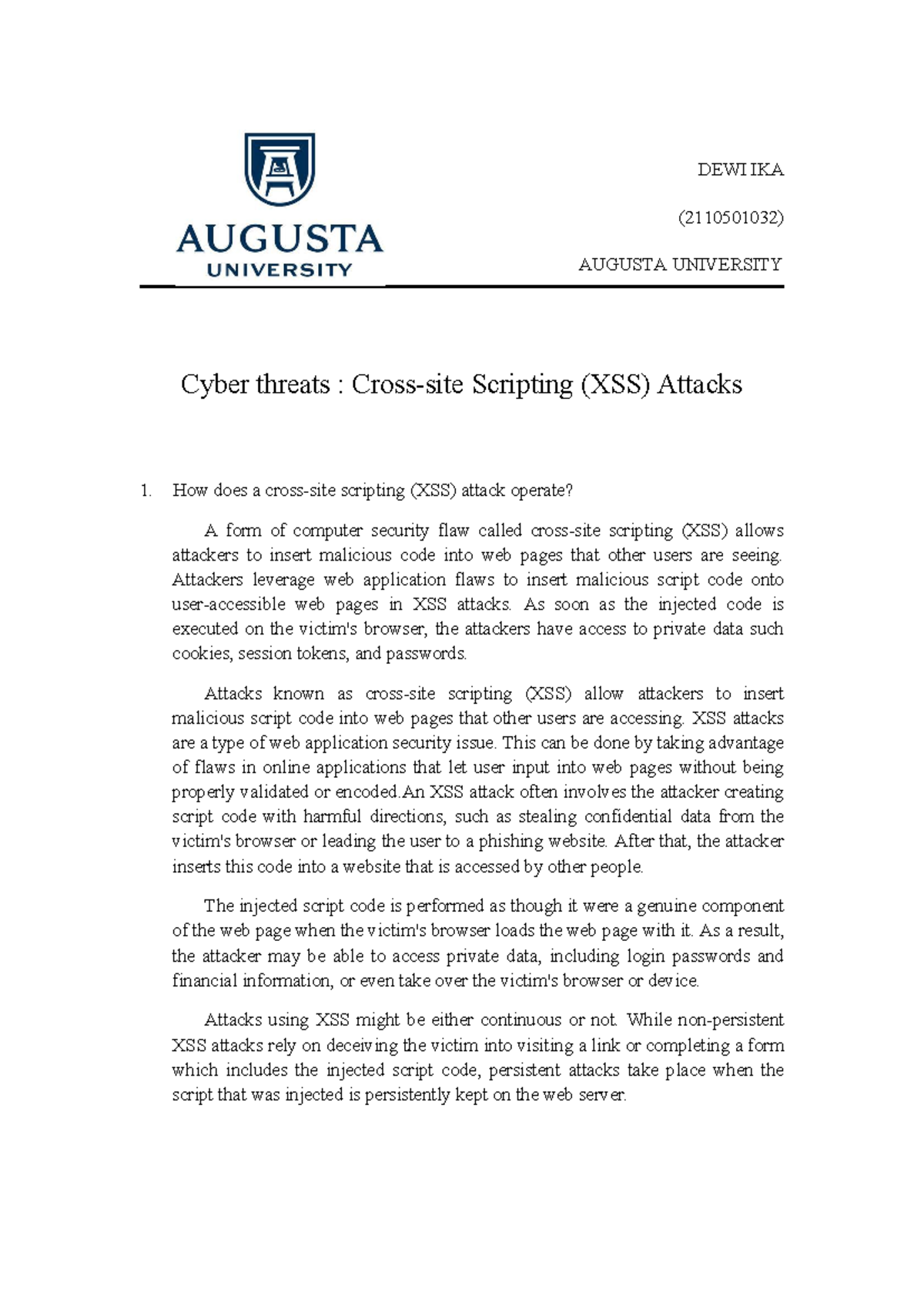 Cyber threats (Cross-site Scripting (XSS) Attacks) - DEWI IKA (2110501032) AUGUSTA UNIVERSITY ...