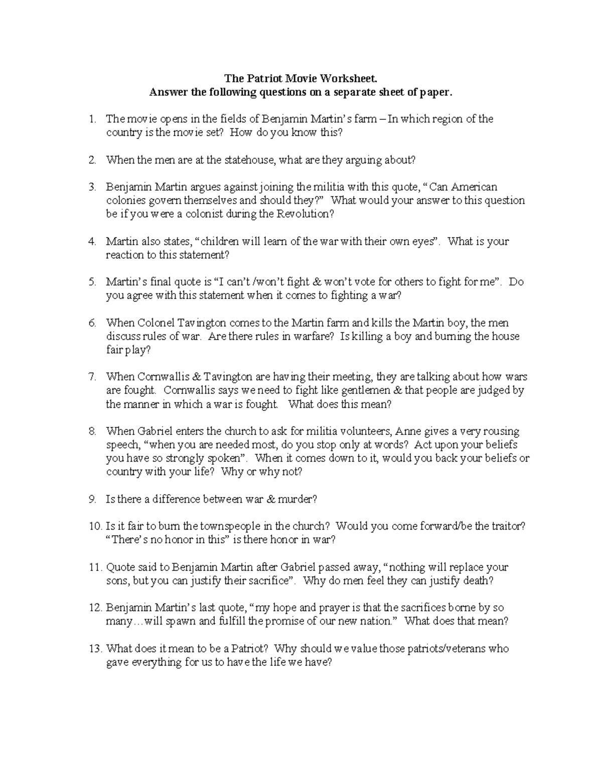 Patriot Movie Study Guide 2 - The Patriot Movie Worksheet. Answer the ...