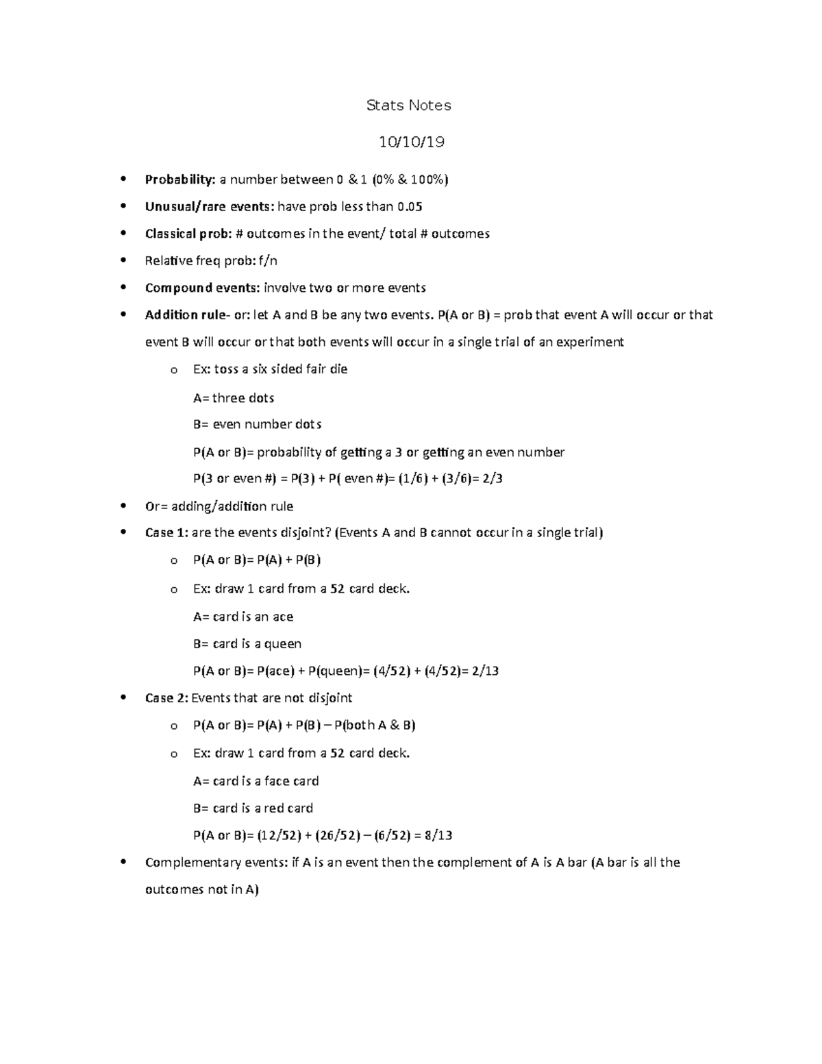 Stats Notes oct 10 - MAT 115 - Stats Notes 10/10/ Probability: a number ...