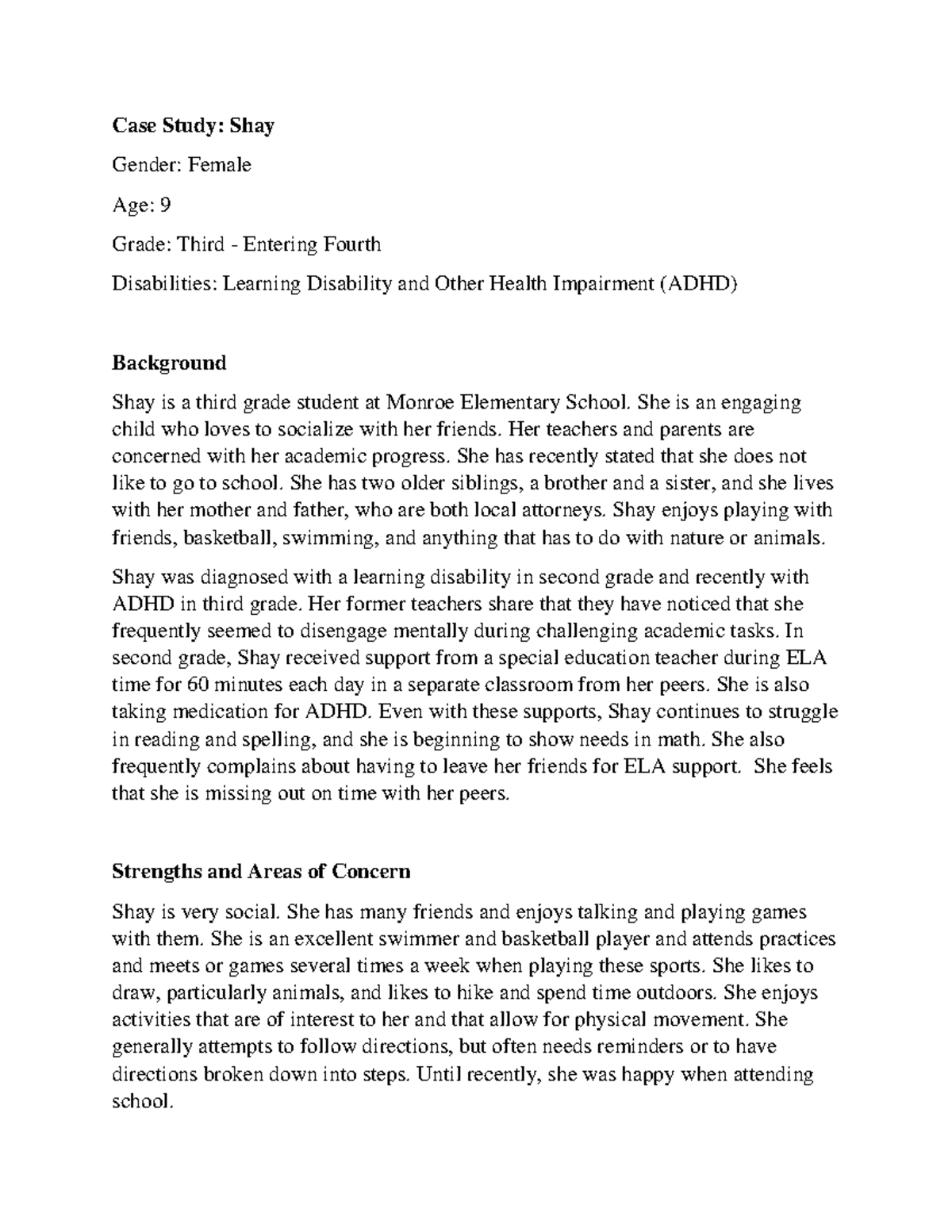 Shay - Elementary Case - Case Study: Shay Gender: Female Age: 9 Grade ...