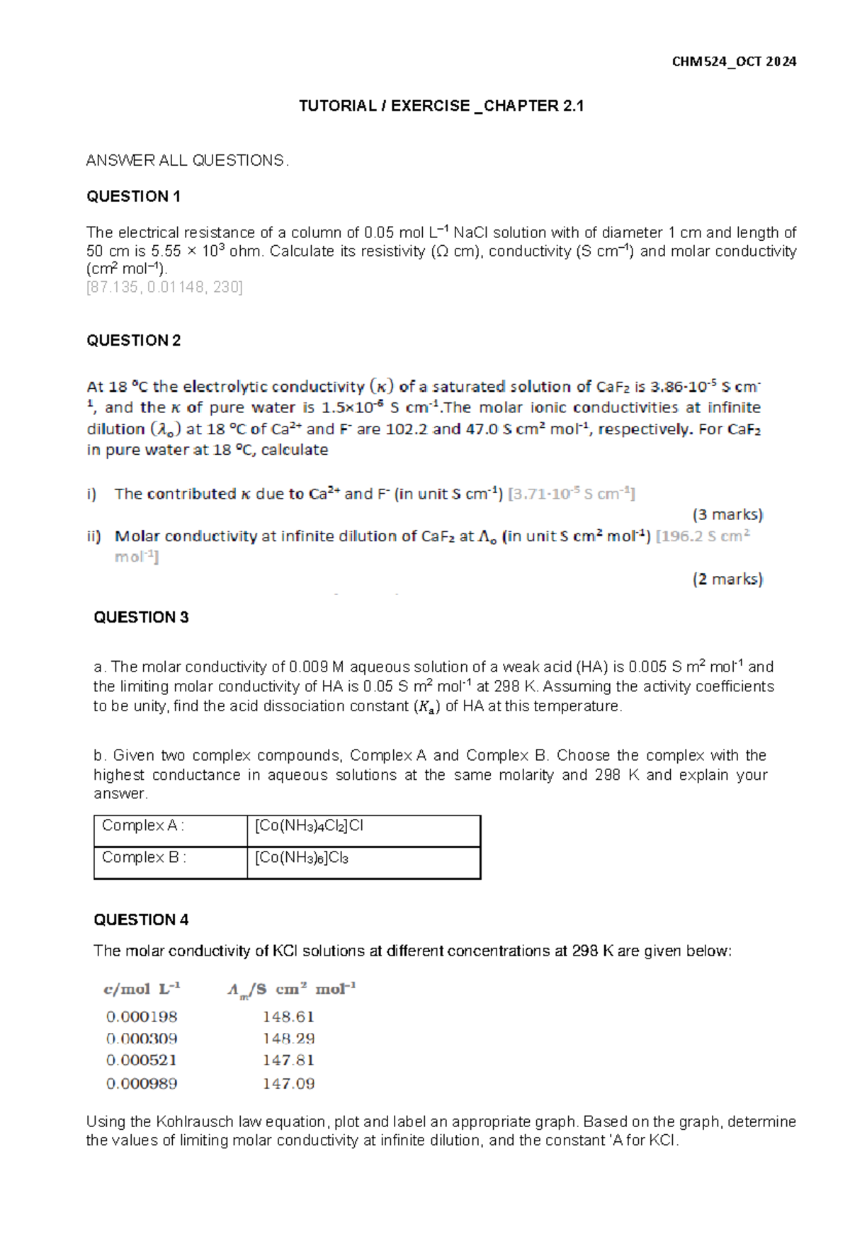 CHM524 Tutorial Chapter 2 - CHM524_OCT 2024 TUTORIAL / EXERCISE ...
