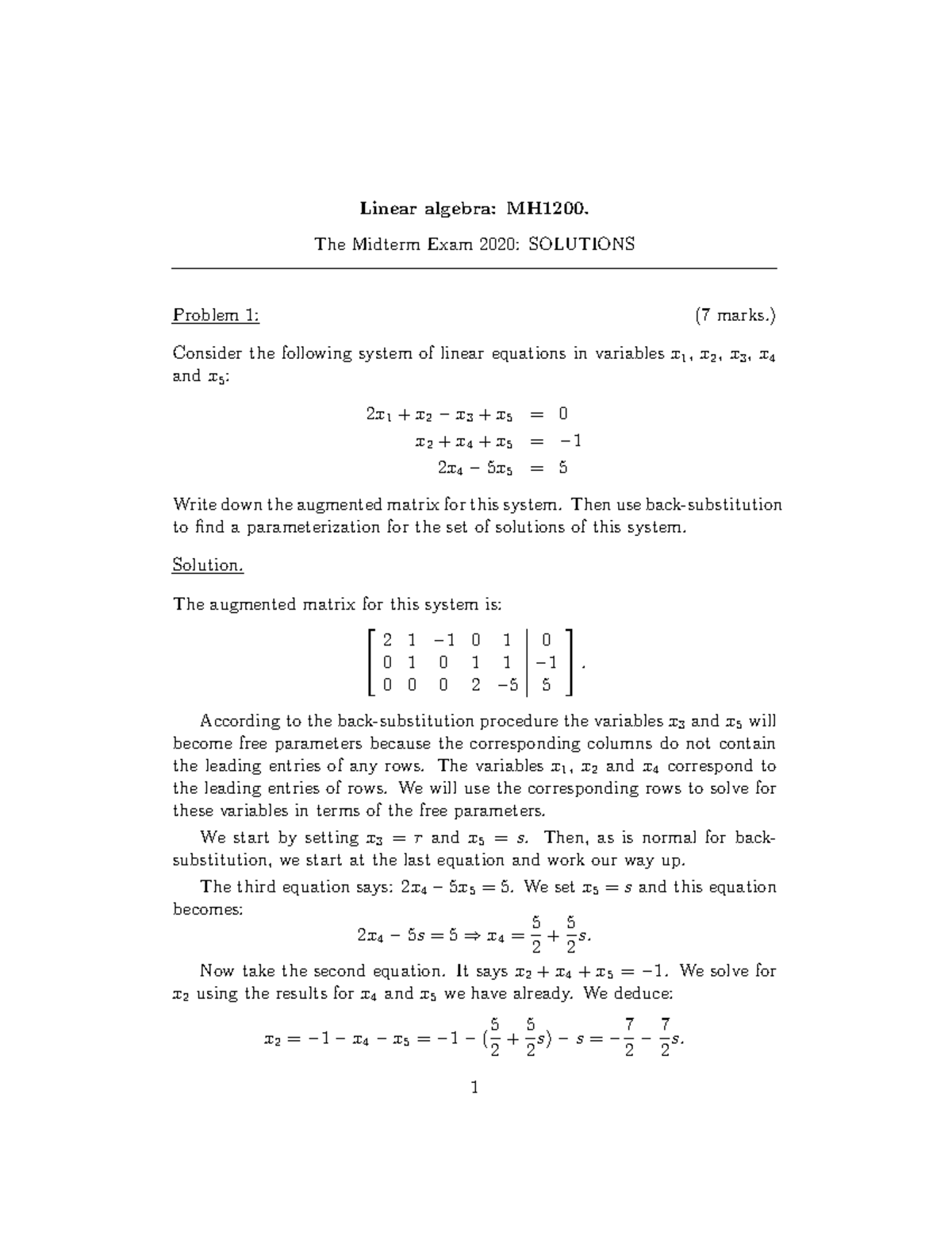 The Midterm 2020Solutions - Linear algebra: MH1200. The Midterm Exam 2020: SOLUTIONS Problem 1 ...