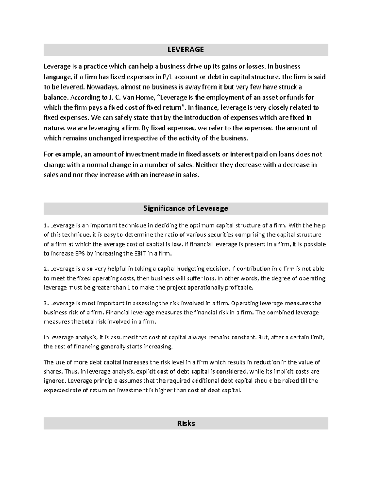 Business finance (Leverage) - LEVERAGE Leverage is a practice which can ...