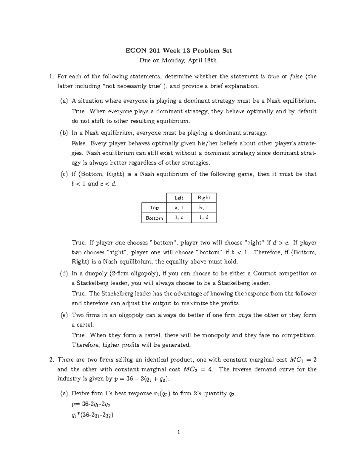 Econ 201 Hw13 Homework Assignment Game Theory Prisoner Dilemma Econ 201 Week 13 Problem