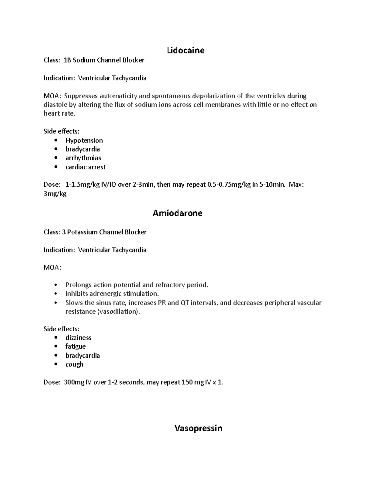 Code Blue Meds-AM - notes - Lidocaine Class: 1B Sodium Channel Blocker ...