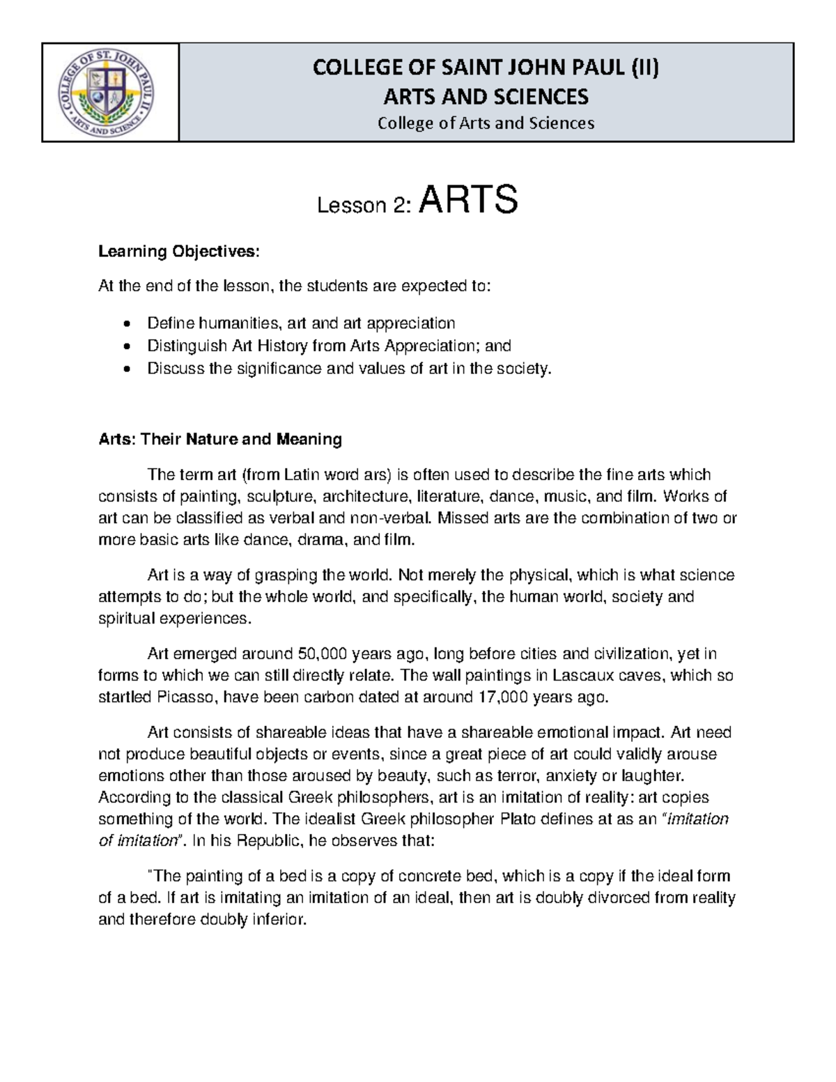 Arts App WEEK 3 - LKN;LKNL - Lesson 2: ARTS Learning Objectives: At the ...
