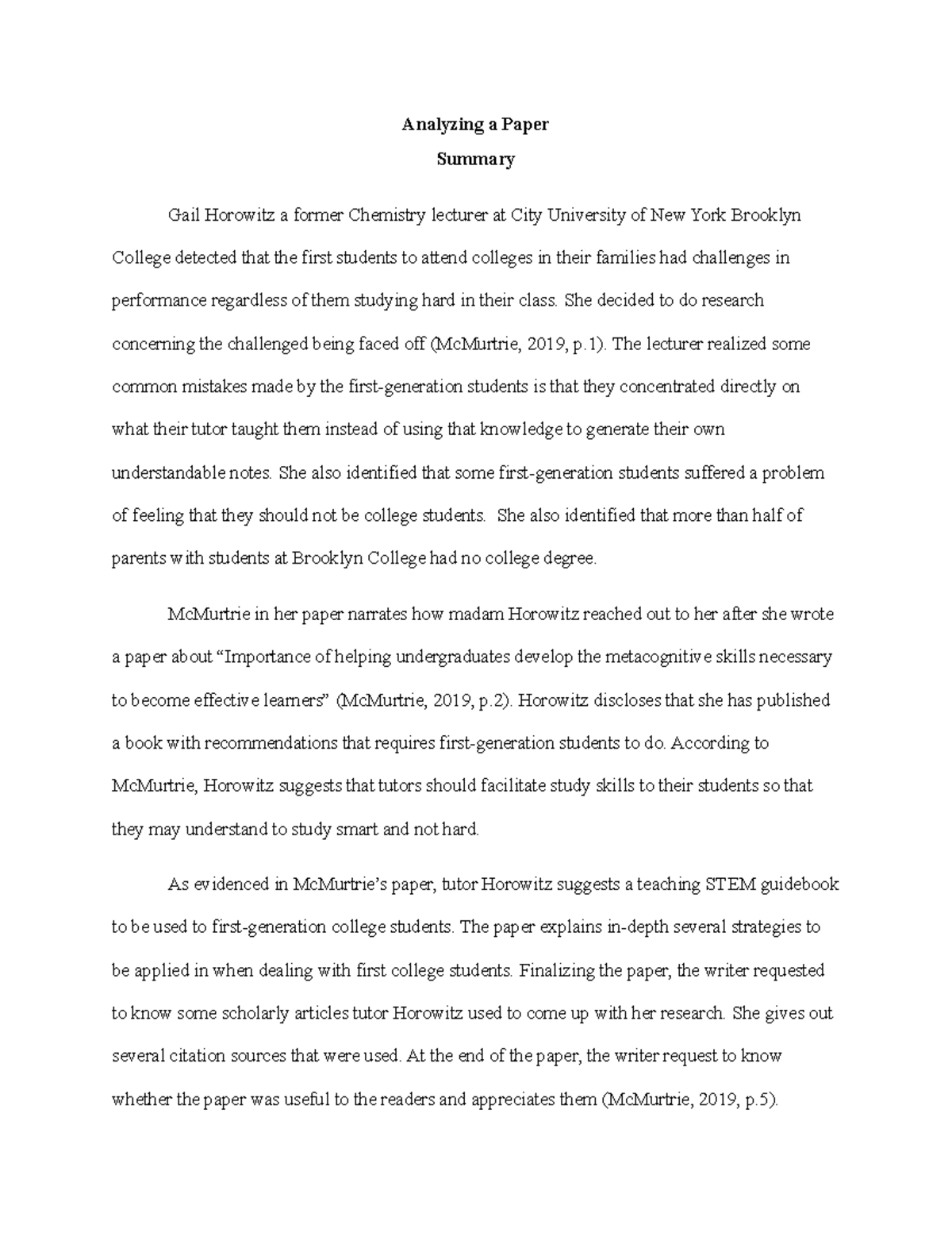 Analyzing a paper - Analyzing a Paper Summary Gail Horowitz a former ...