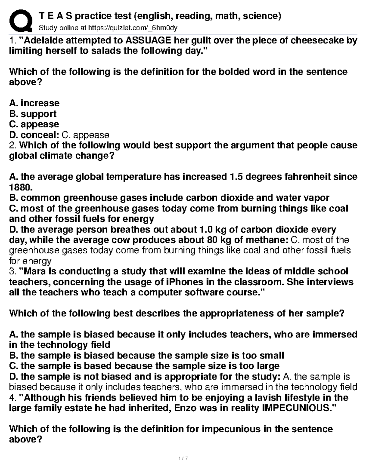 T E A S practice test (english, reading, math, science) - Study online ...