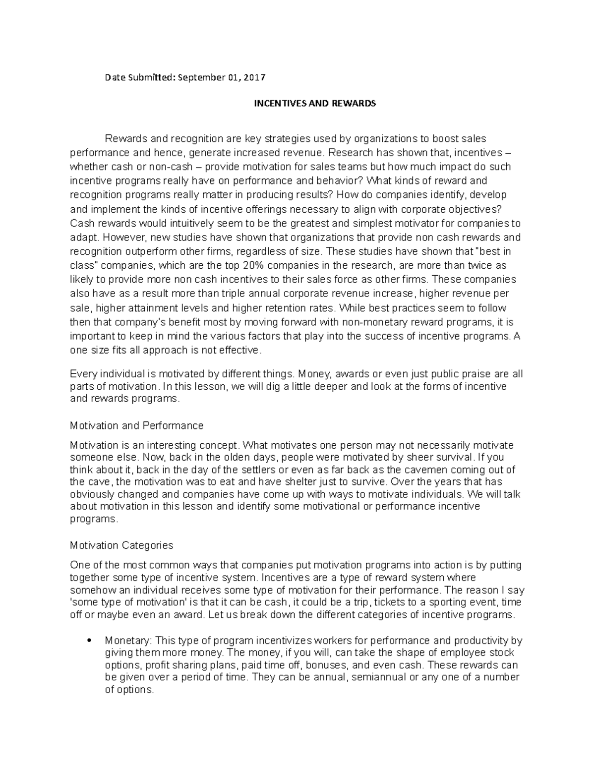 Incentives AND Rewards - Date Submitted: September 01, 2017 INCENTIVES ...