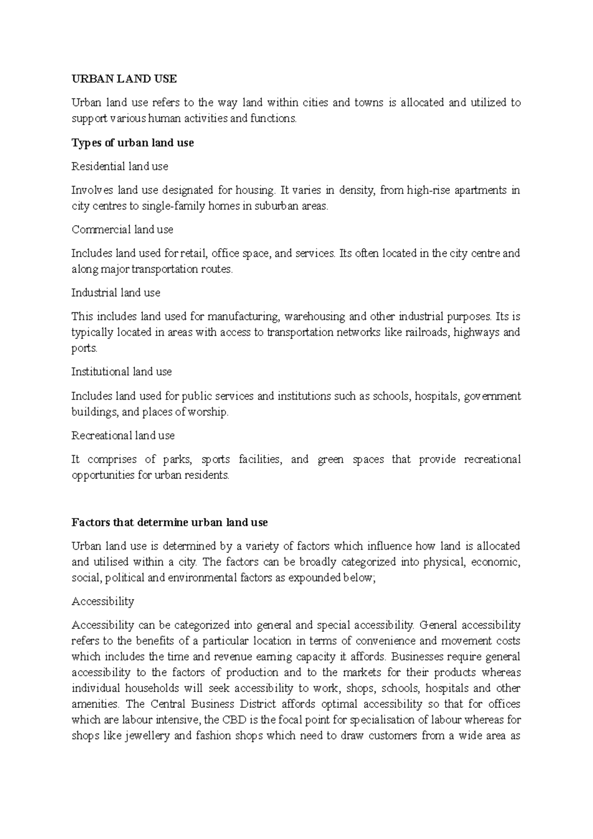 Urban LAND USE - URBAN LAND USE Urban land use refers to the way land ...