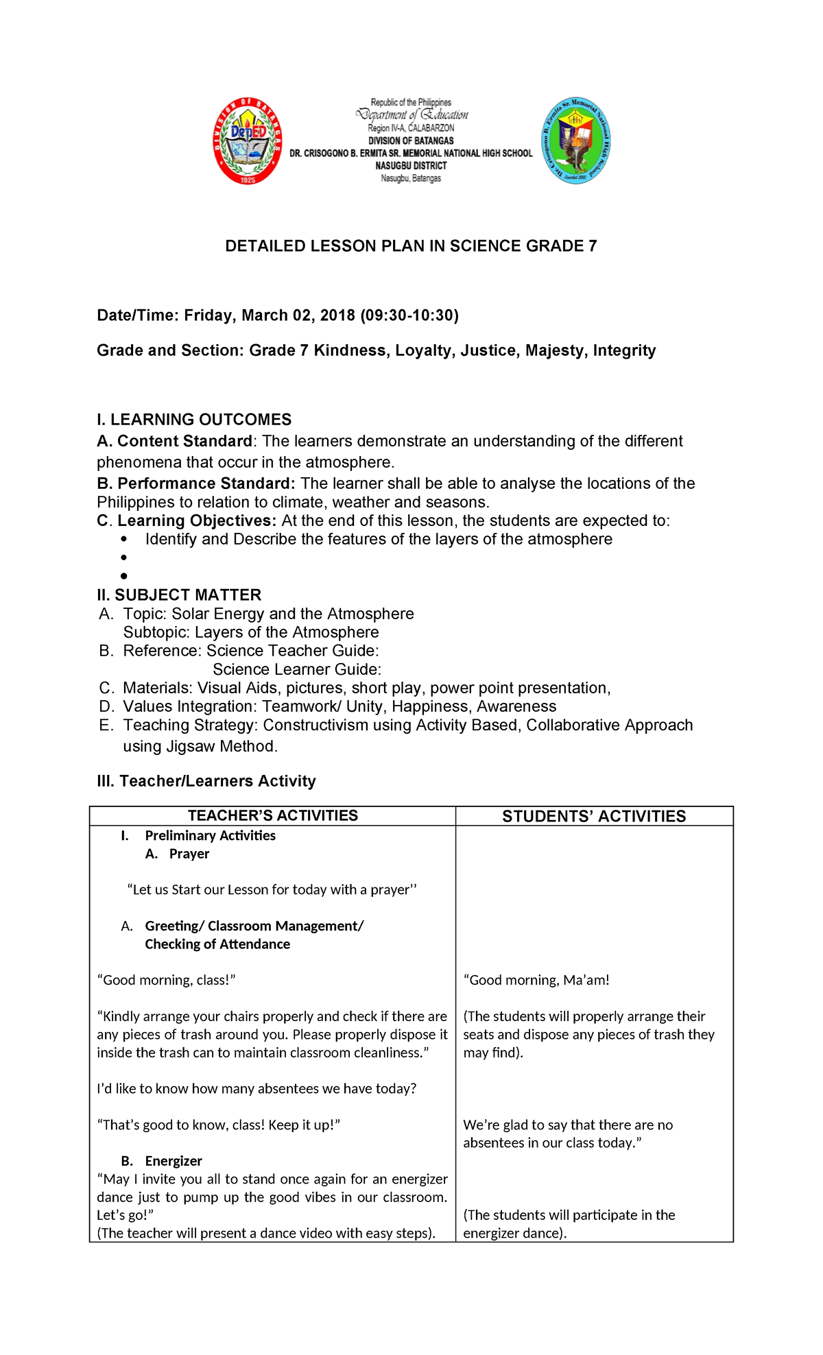 431767278 Lesson plan Layers of the Atmosphere - DETAILED LESSON PLAN ...