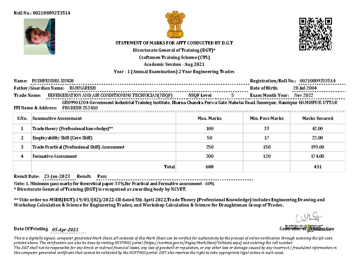 Marksheet R210809253514 1 - Roll No.: 00210809253514 STATEMENT OF MARKS ...