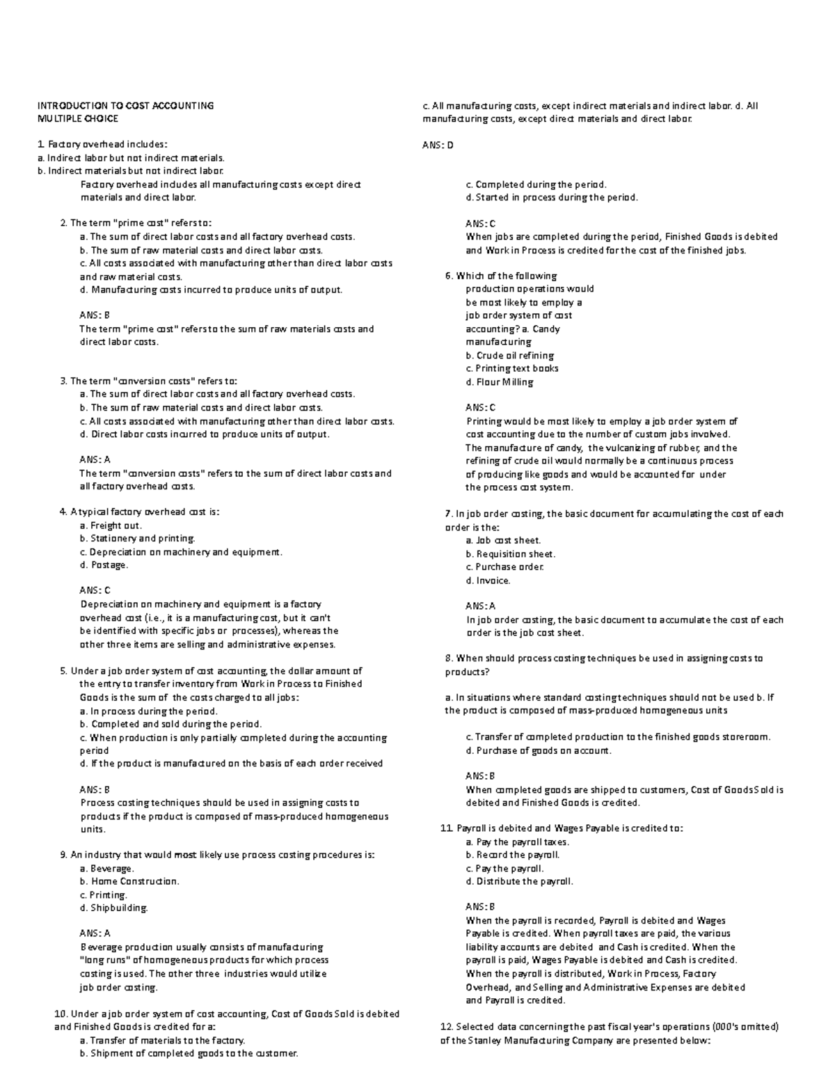 Cost Accounting Practice Exam-clyde - INTRODUCTION TO COST ACCOUNTING MULTIPLE CHOICE Factory ...