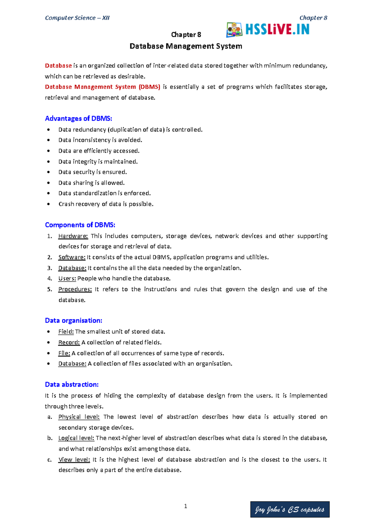 Hsslive-XII-Chapter 8-cs-Joy-John complete detailed - 1 Chapter 8 ...