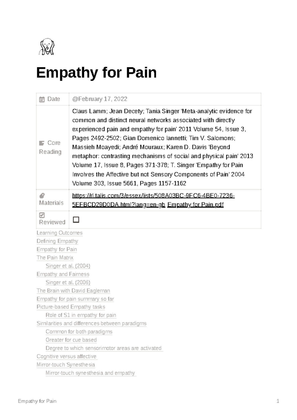 Empathy for Pain - Lecture notes - Empathy for Pain Date Core Reading ...