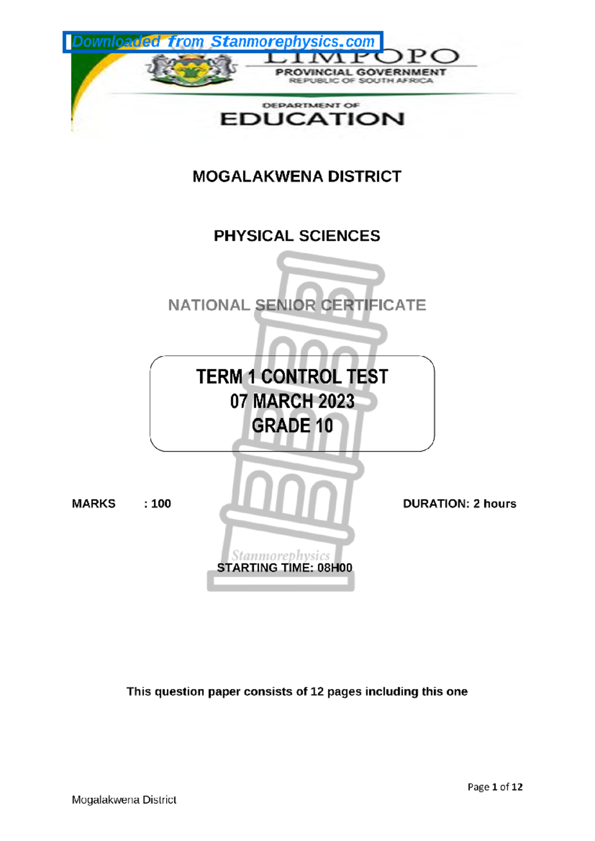 Limpopo Physical Sciences Grade 10 March 2023 QP and Memo - Studocu
