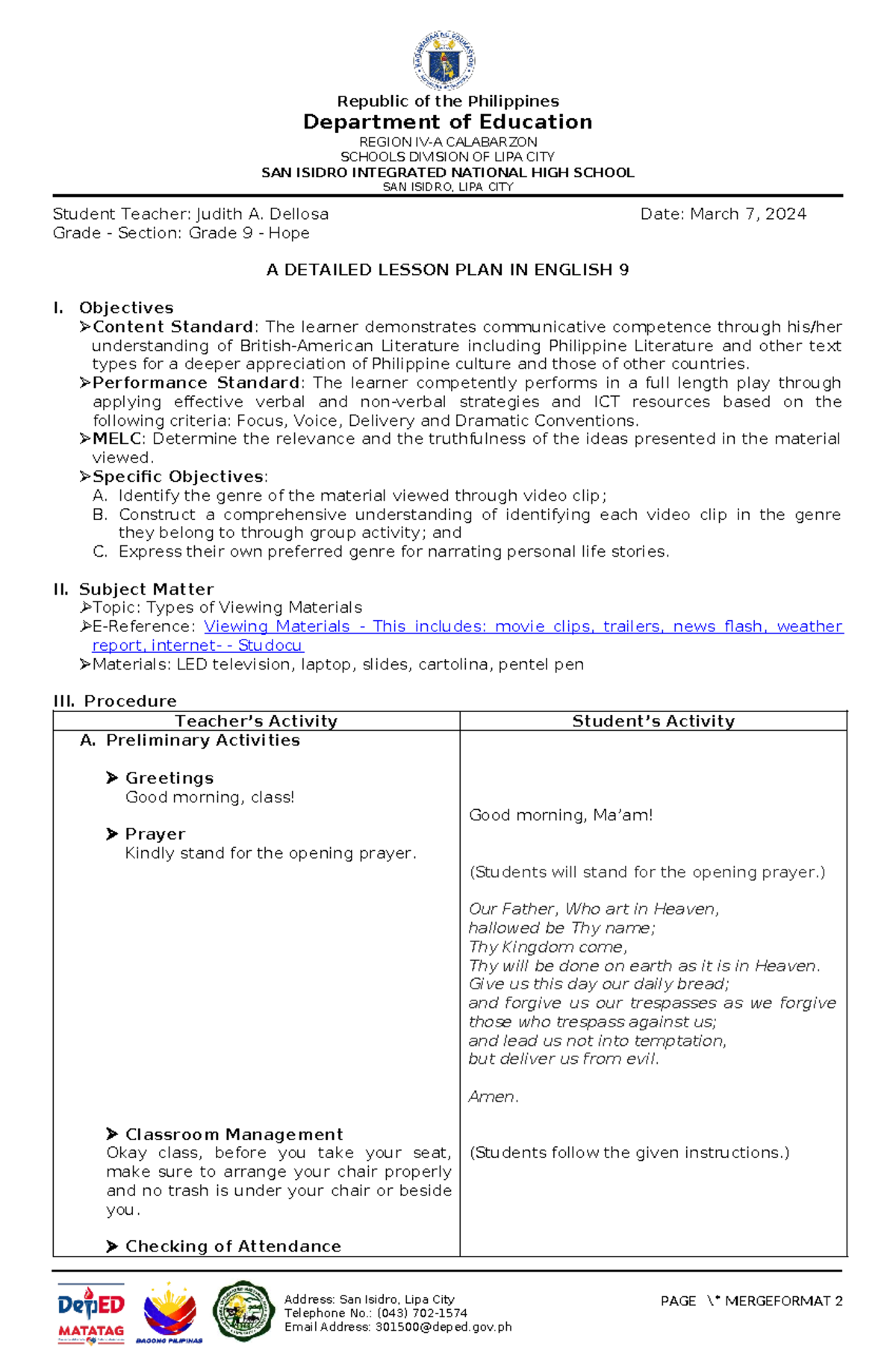 Types of Viewing Materials - Address: San Isidro, Lipa City Telephone ...