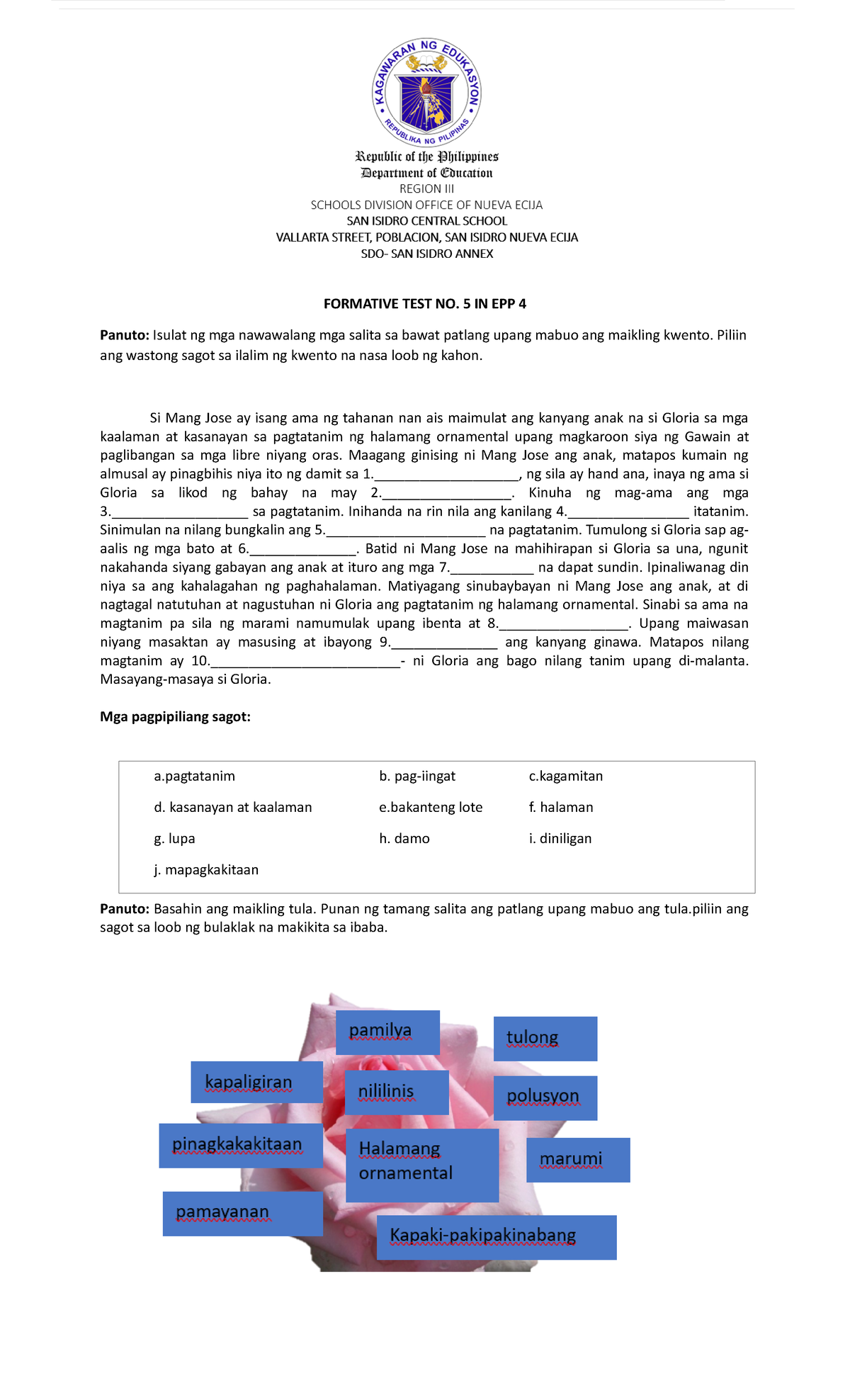 Formative TEST 5 - sksks - FORMATIVE TEST NO. 5 IN EPP 4 Panuto: Isulat ...