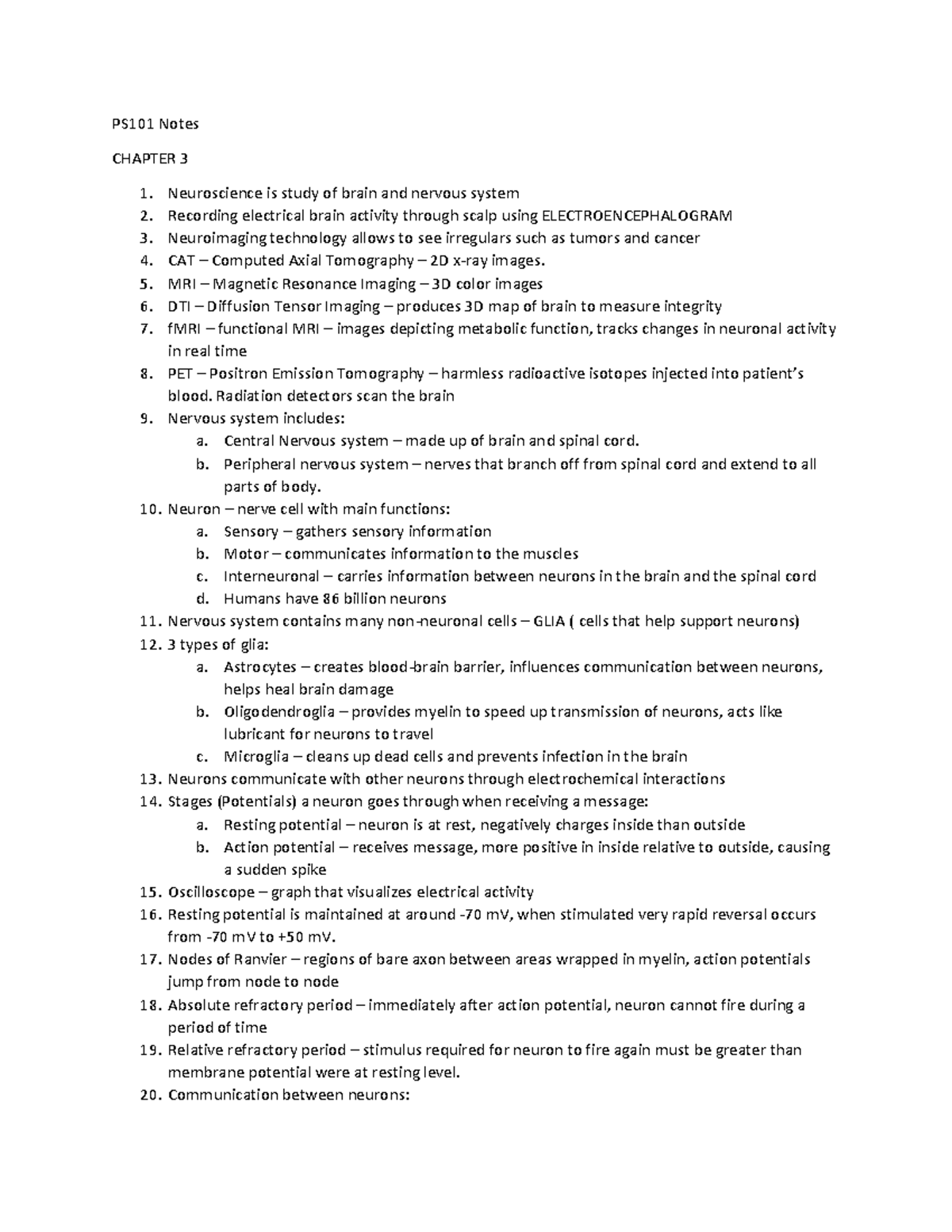 PS101 - Chapter 3 - PS101 Notes CHAPTER 3 Neuroscience is study of ...