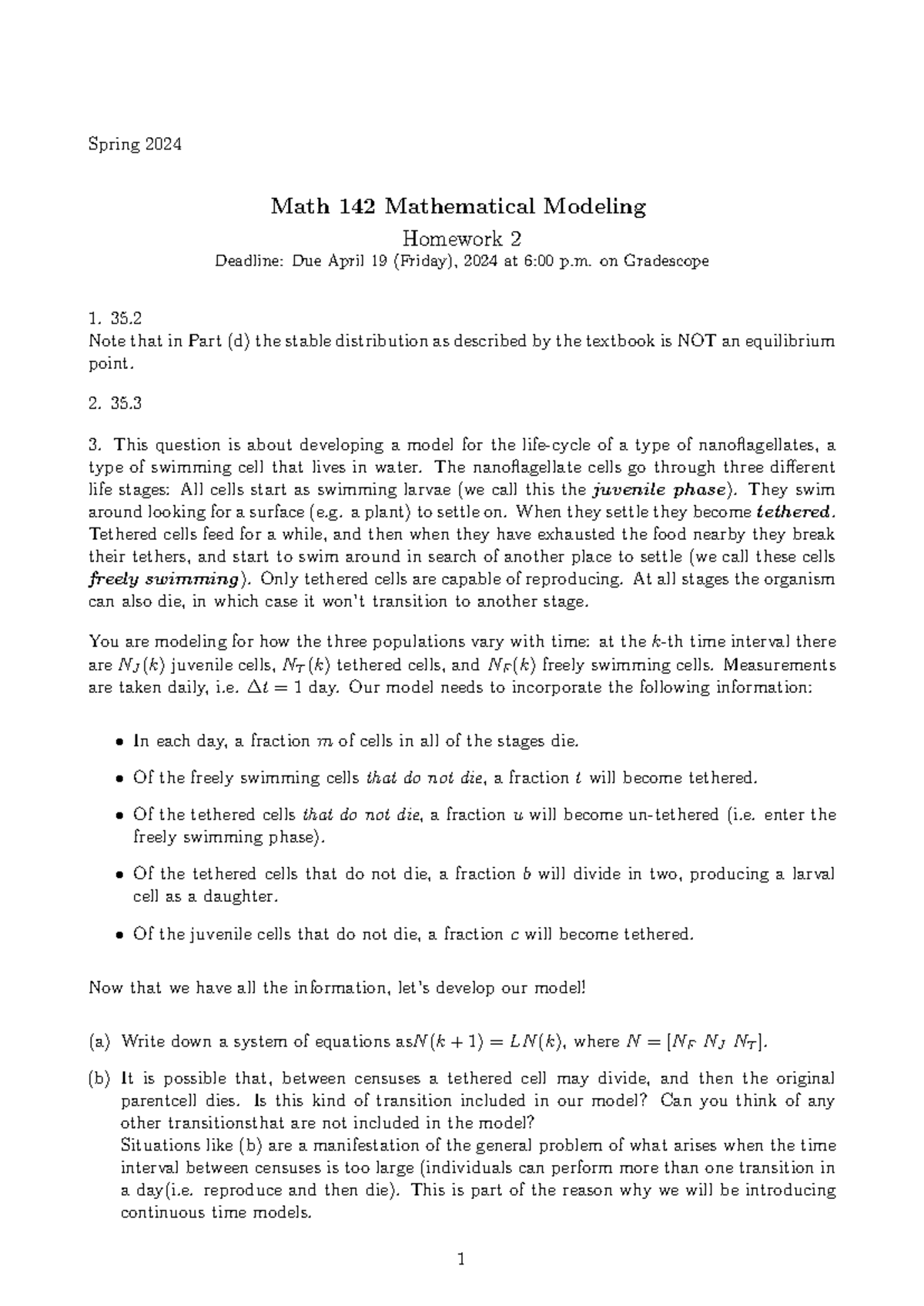 Homework 2 - Spring 2024 Math 142 Mathematical Modeling Homework 2 ...