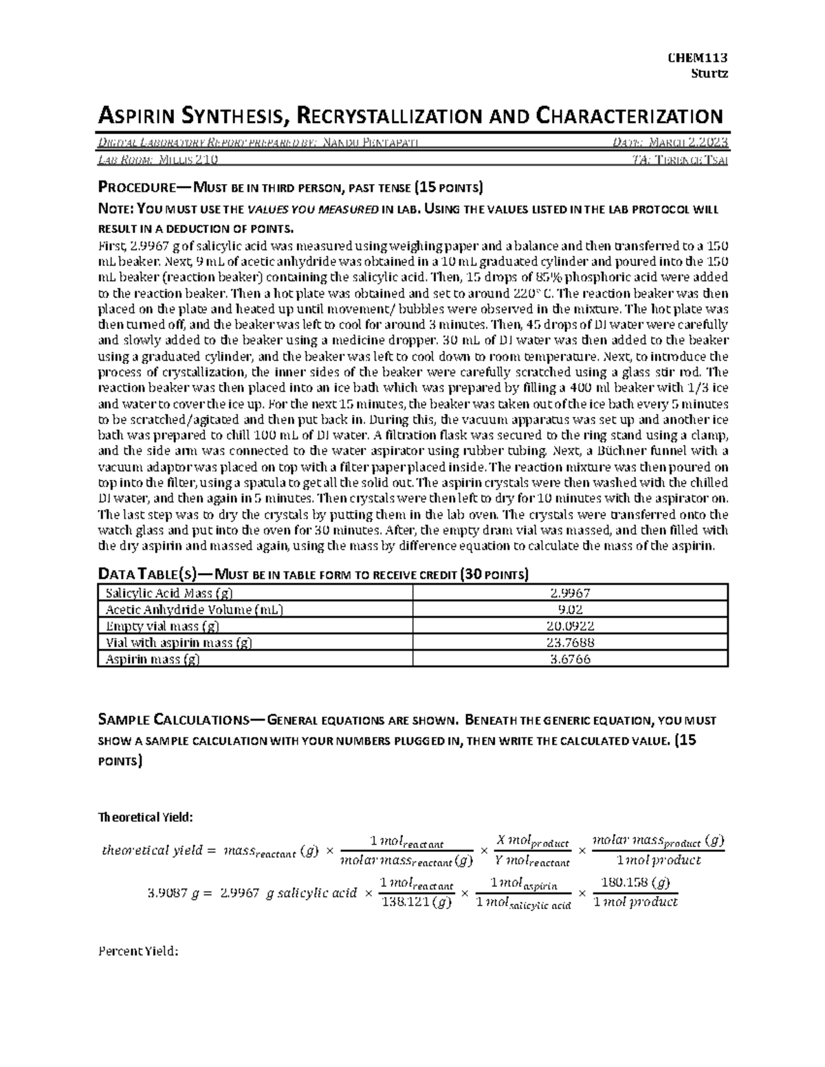 Lab- Aspirin recrystalization - CHEM Sturtz ASPIRIN SYNTHESIS ...