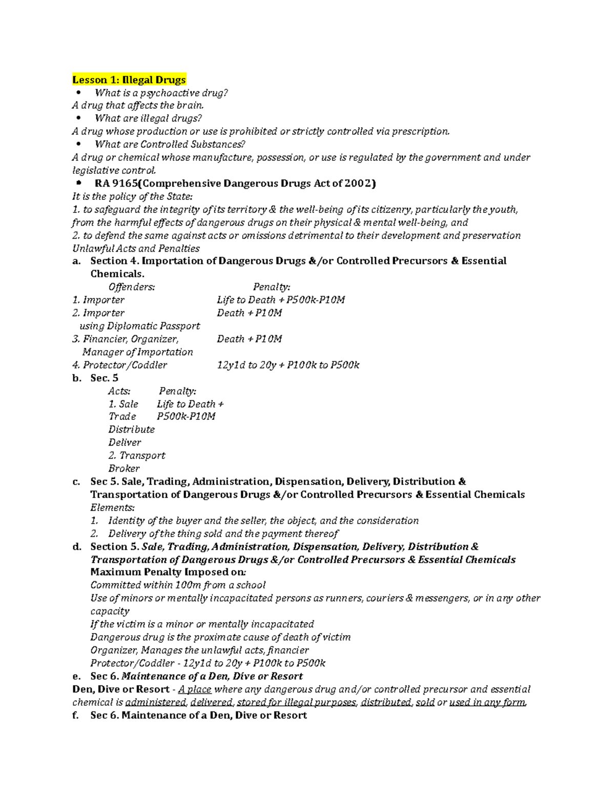NSTP - Lecture notes - Lesson 1: Illegal Drugs What is a psychoactive ...